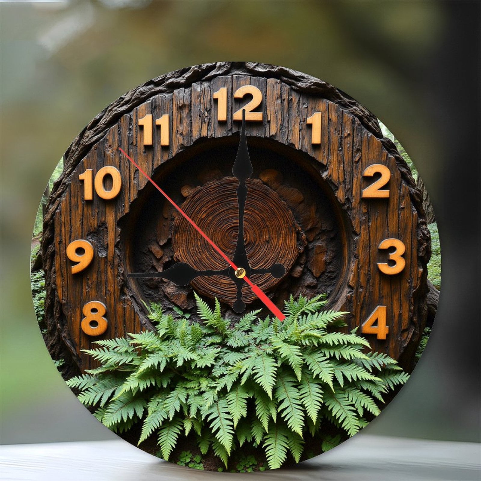 Wooden Tree Stump Wall Clock Fern Decor 10-Inch Silent Wooden Wall ...