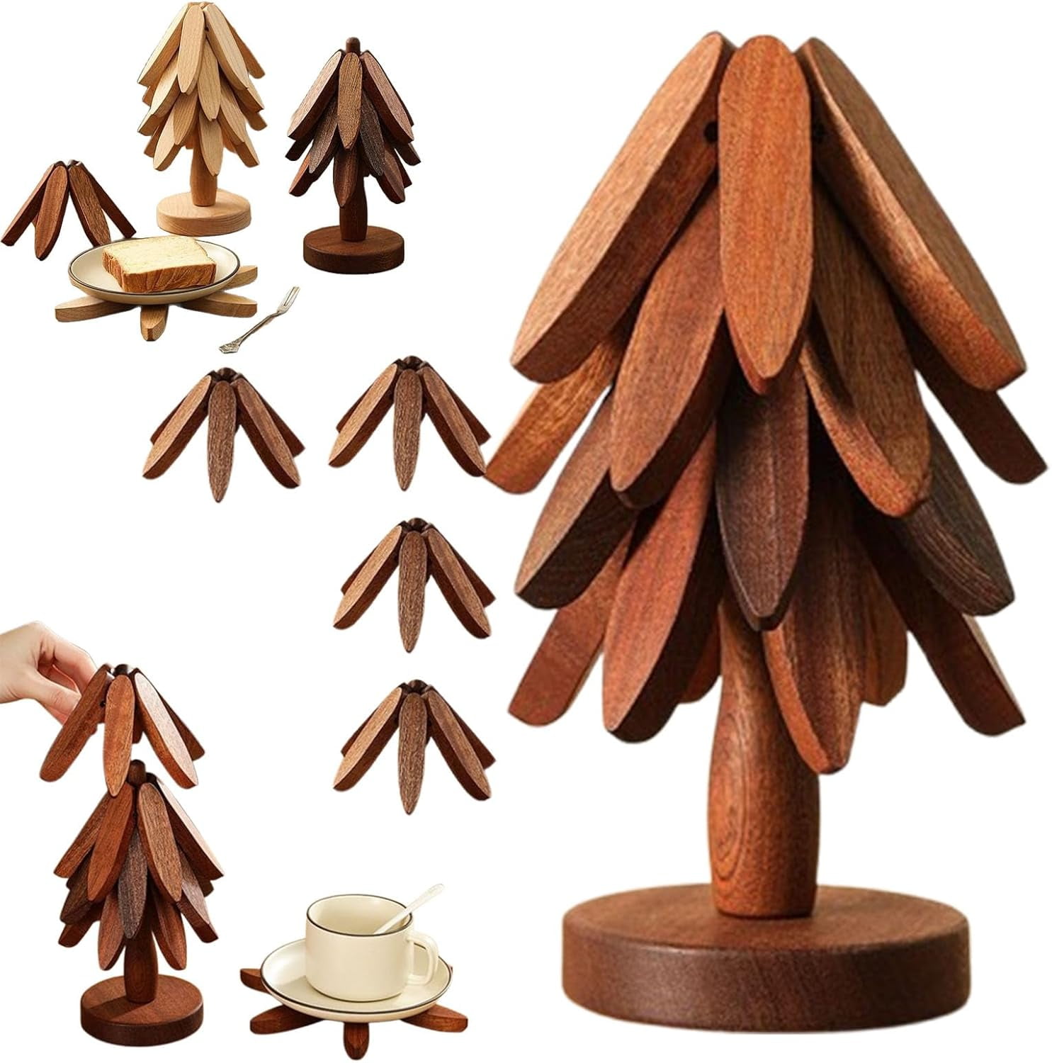 Wooden Tree Trivet Set, Natural Tree Trivet Set with Stand, Natural ...