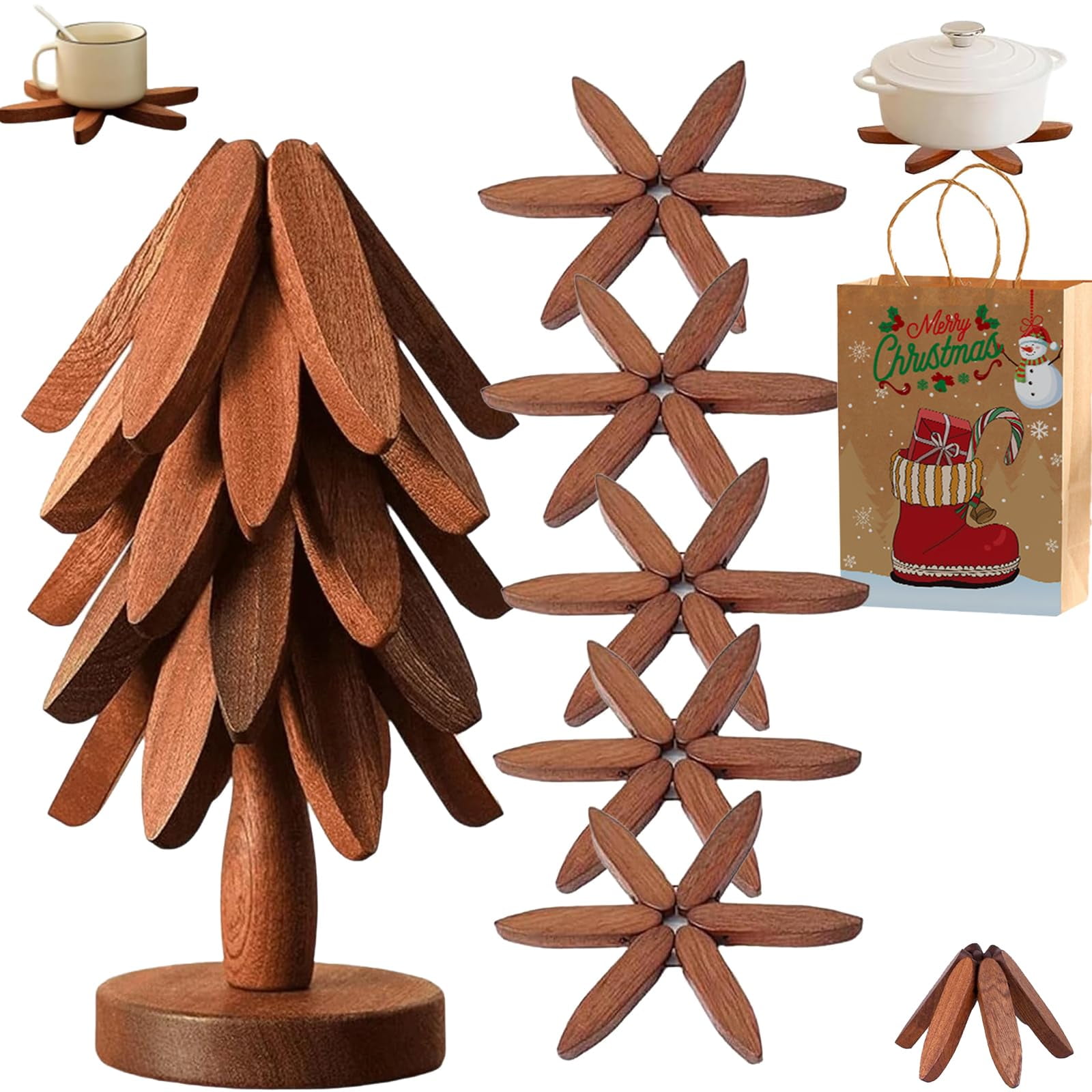 Wooden Tree Trivets for Hot Dishes - Set of 3 with Stand, Natural ...
