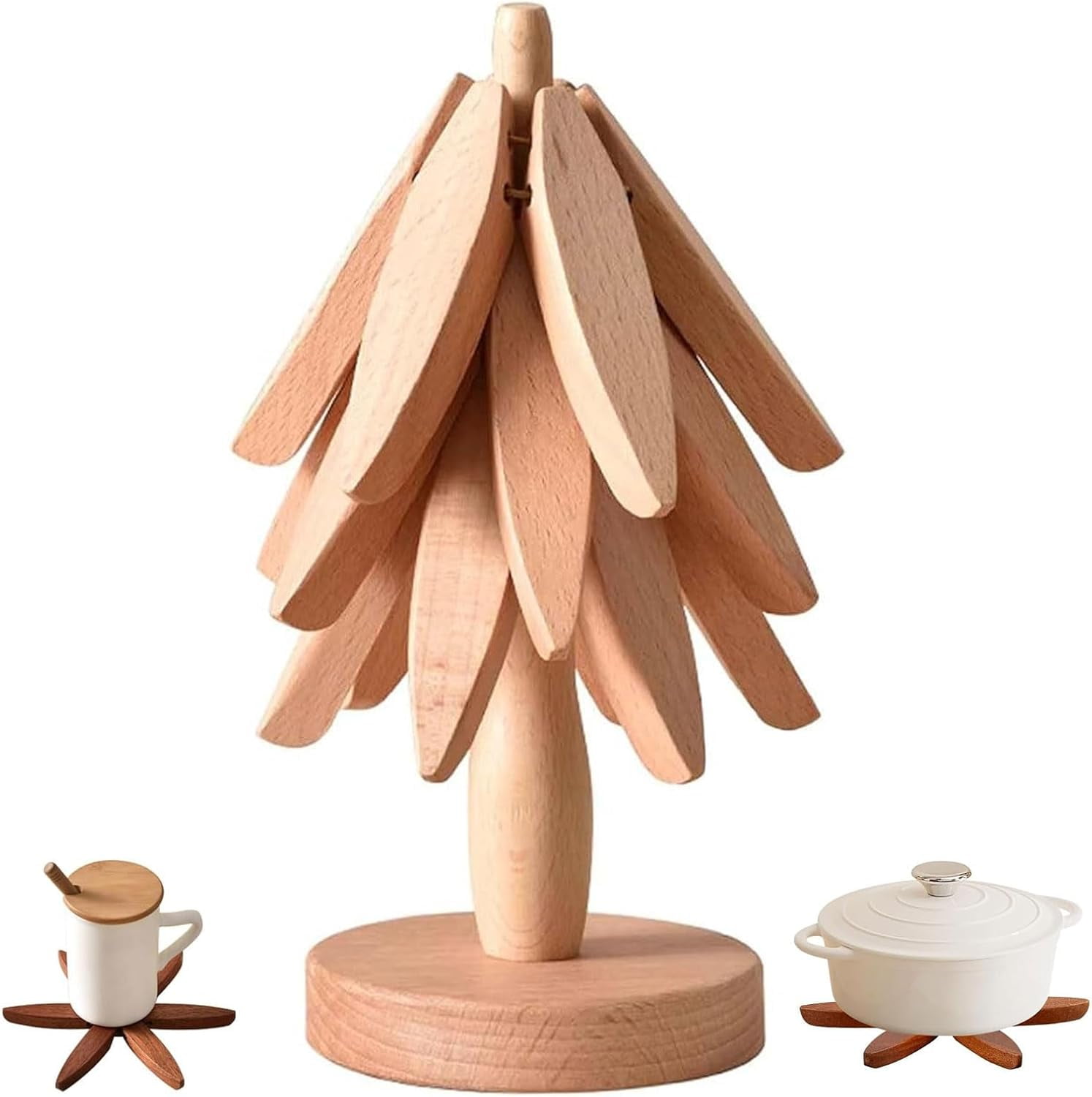 Wooden Tree Trivets for Hot Dishes Set of 4 with Stand, Natural ...