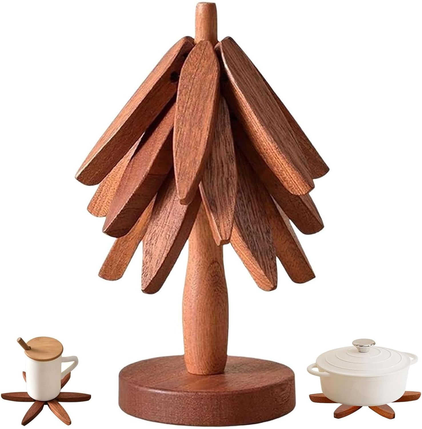 Wooden Tree Trivets for Hot Dishes Set of 4 with Stand, Natural ...