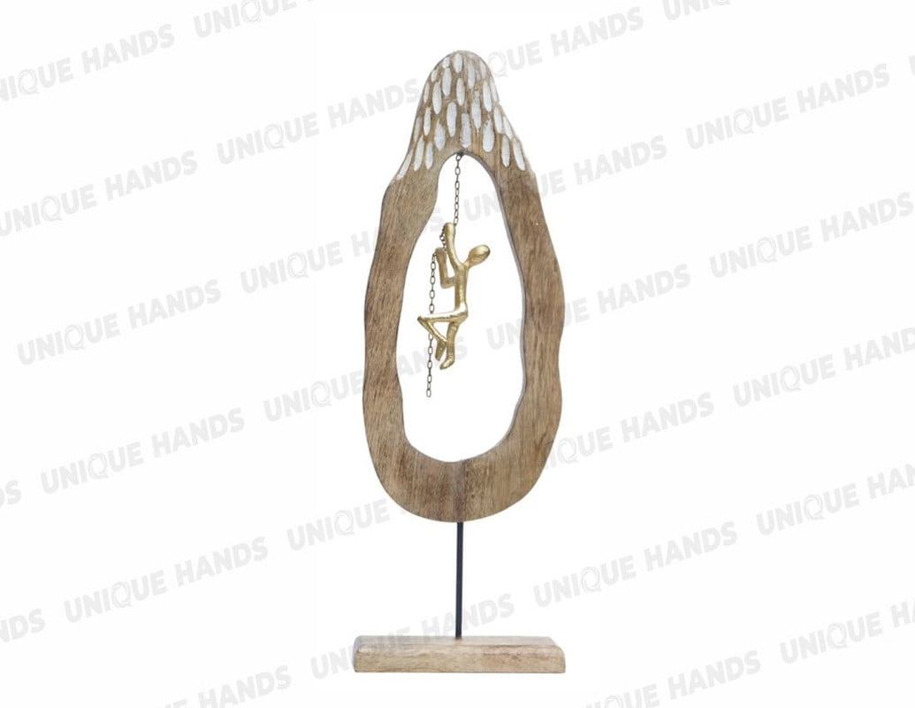 Wooden Tree Trunk Slab with Metal Climbing Golden Man Sculpture Home ...