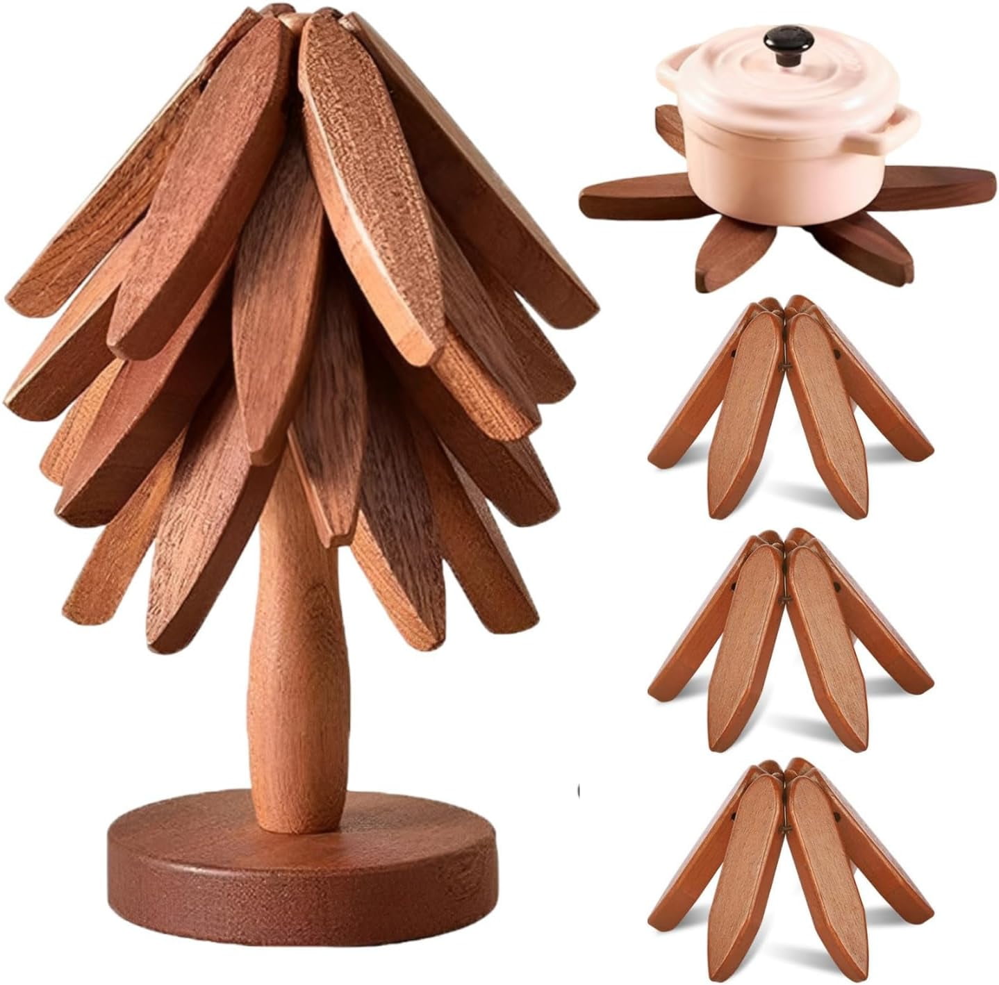 Wooden Trivet Set - 4 Tree-Shaped Trivets + 1 Stand, Foldable Hot Pads ...