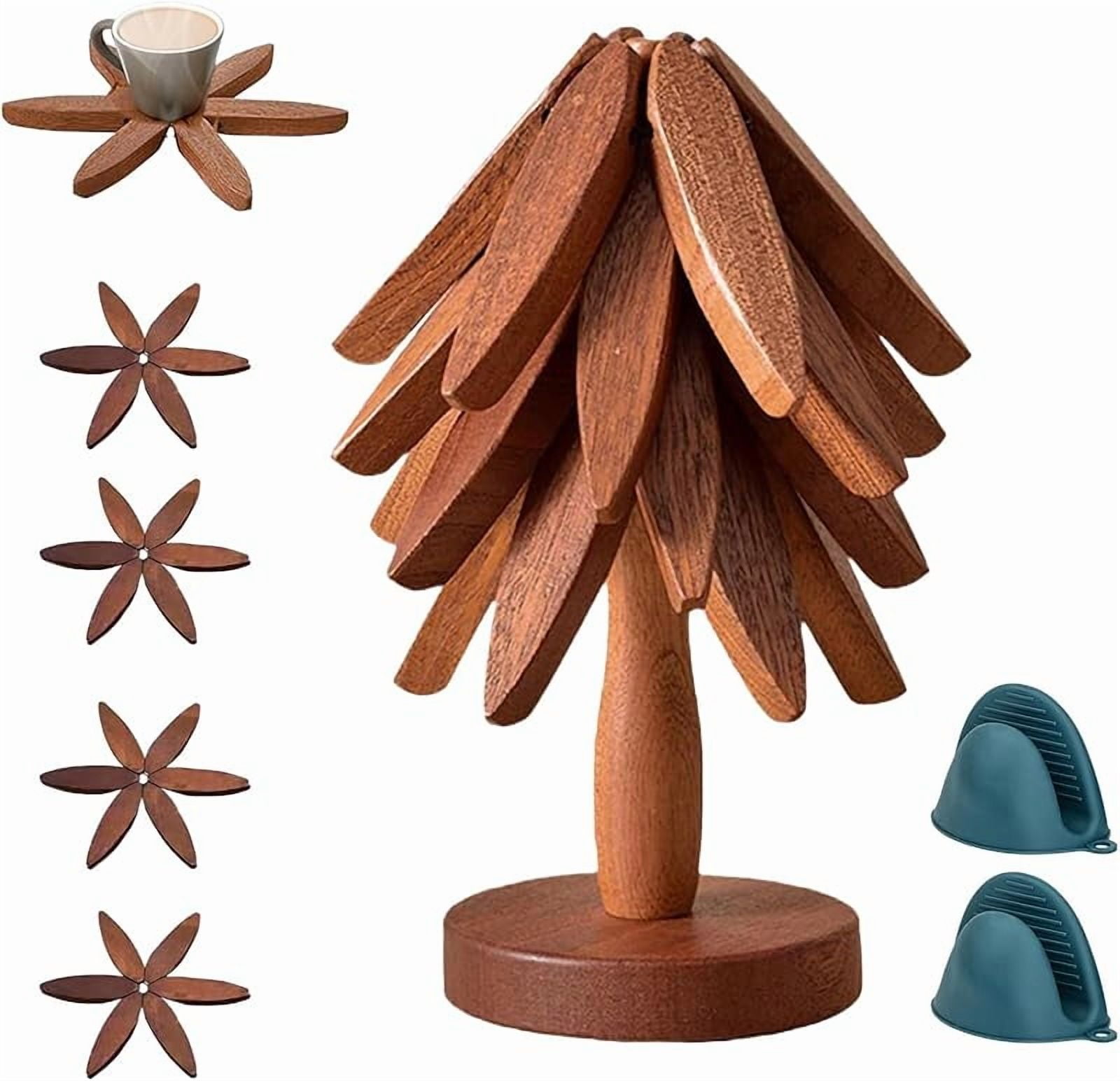 Wooden Trivets for Hot Dishes-Tree Shape Trivet Set, 4 Walnut Wood + 1 ...
