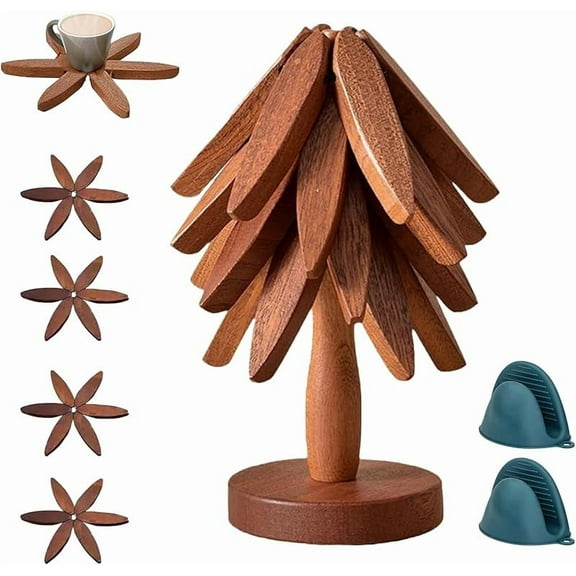 Wooden Trivets for Hot Dishes-Tree Shape Trivet Set, 4 Walnut Wood + 1 ...