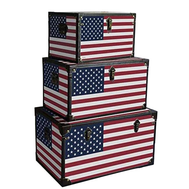 Wooden Trunks with US Flag Print & Metal Corner Accent, Multi Color ...