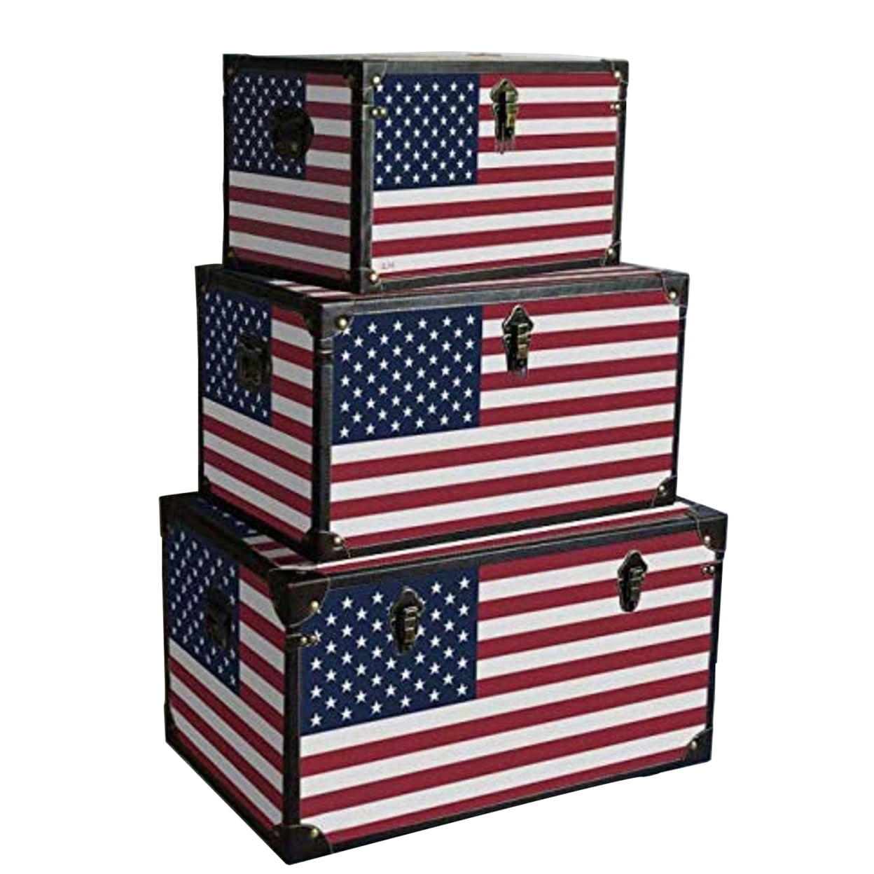 Wooden Trunks with US Flag Print and Metal Corner Accent, Set of 3 ...