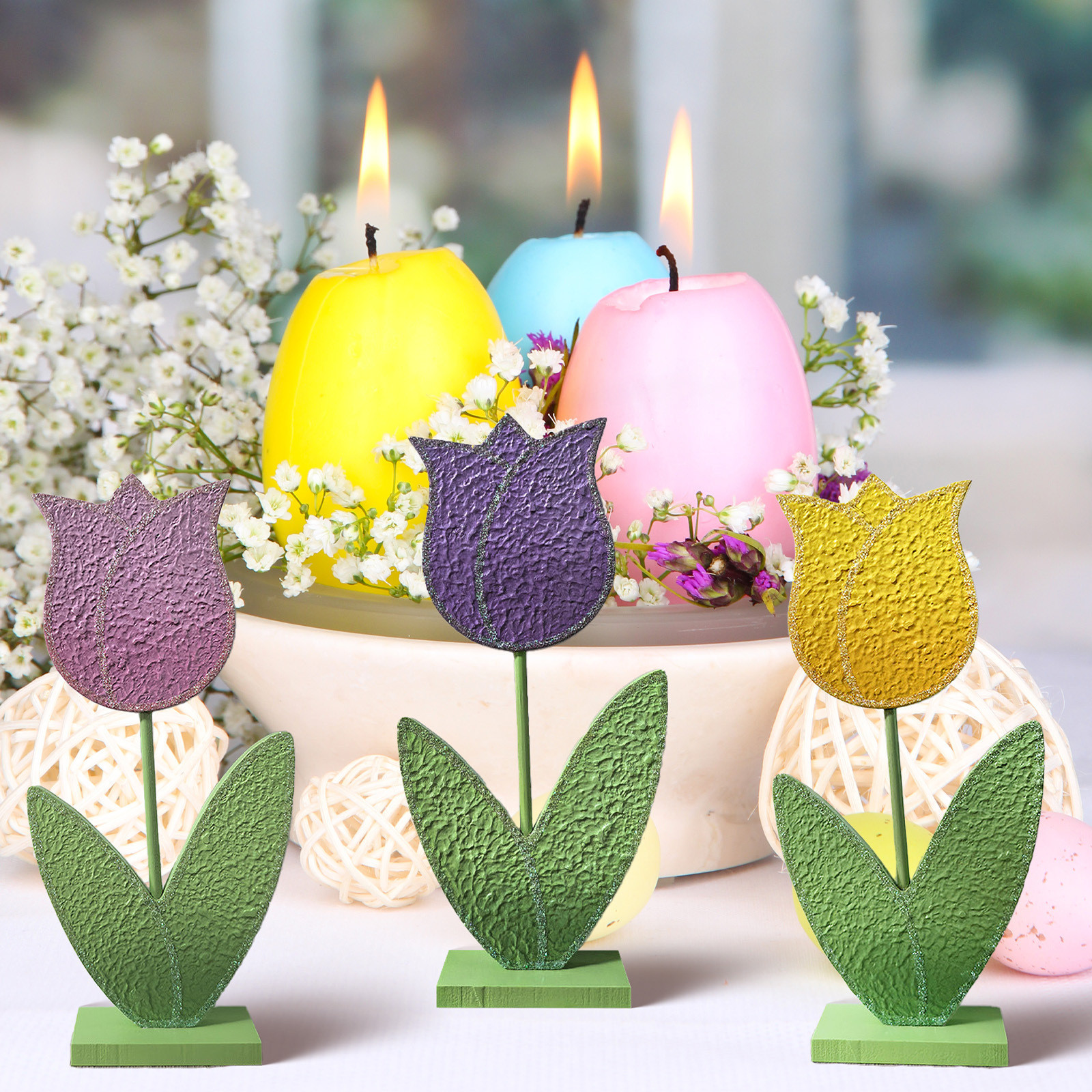 Wooden Tulips Decor Rustic Standing Tulip Block Set Spring Table ...