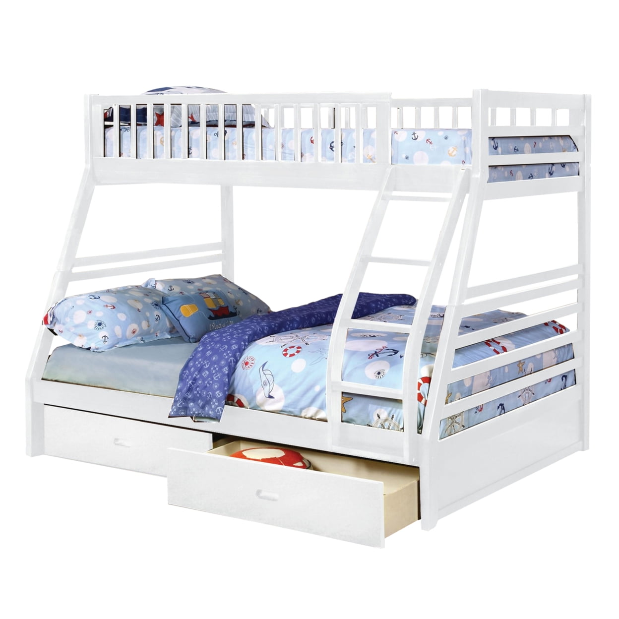 Wooden Twin Over Full Bunk Bed with 2 Drawers and Casters, White ...