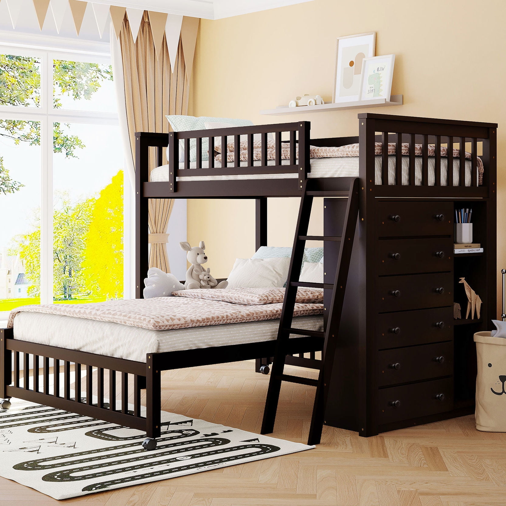 Wooden Twin Over Full Bunk Bed with Storage and Wheels / Five - Step ...