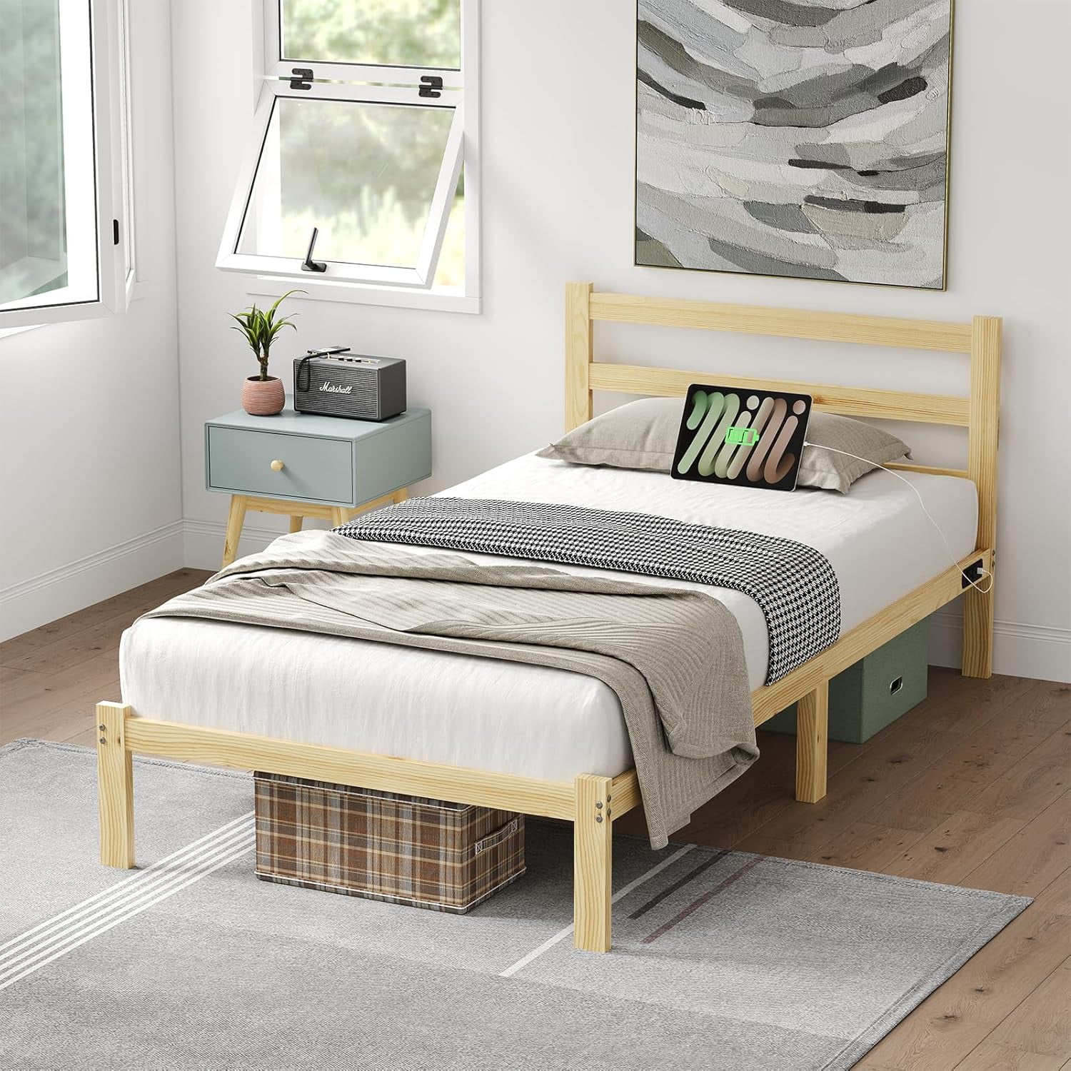 Wooden Twin Size Bed Frame with Headboard, Wood Platform Bed Frame with ...
