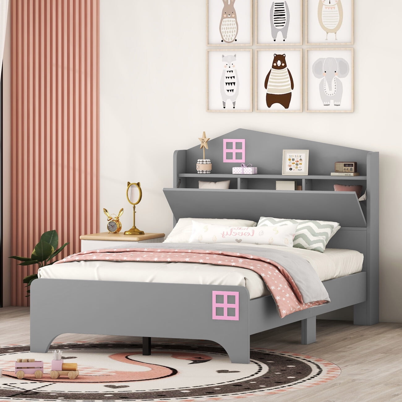 Wooden Twin Size House Shaped Platform Bed, Funny Design Kids Bed with ...