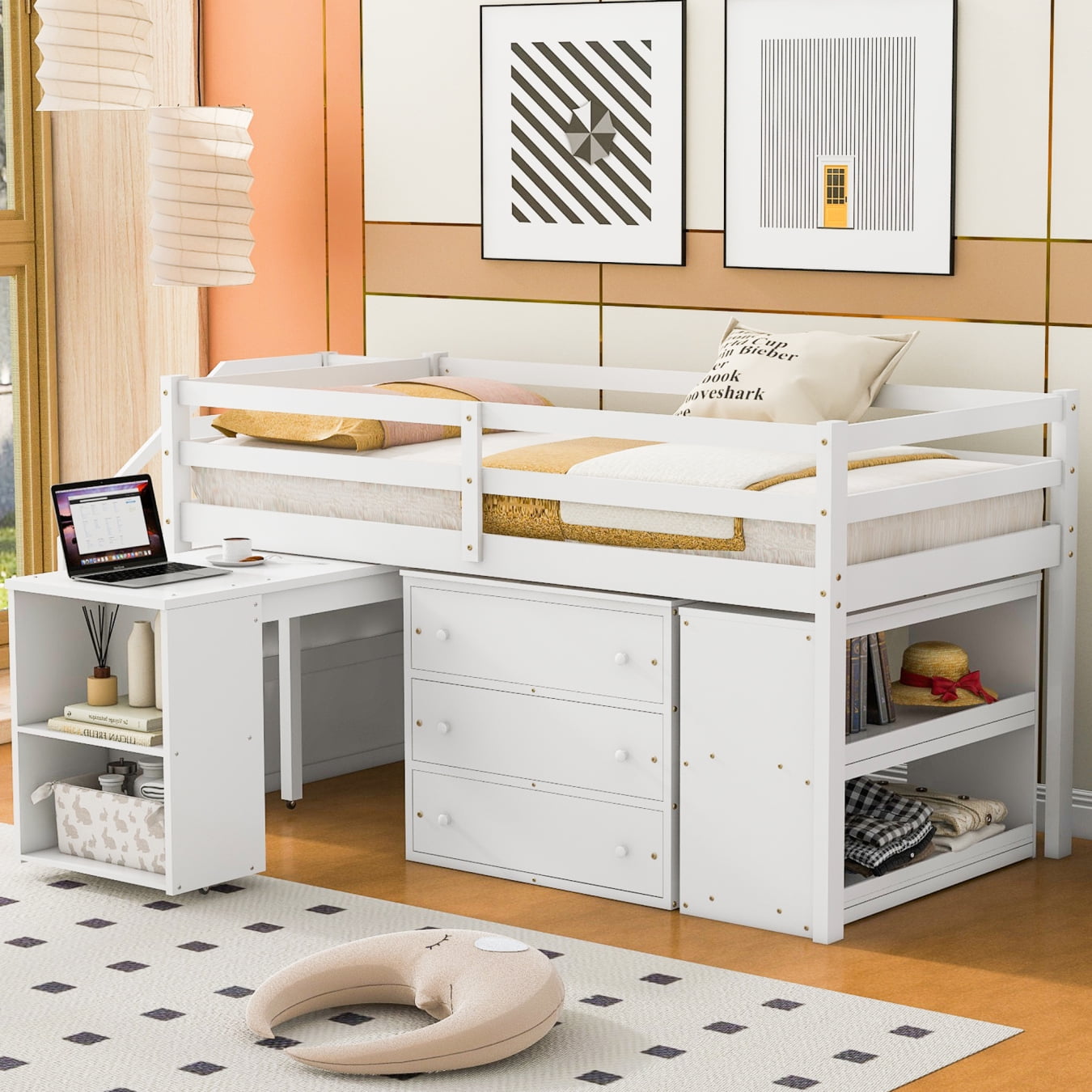 Wooden Twin Size Loft Bed with 3 Drawers and Retractable Writing Desk ...