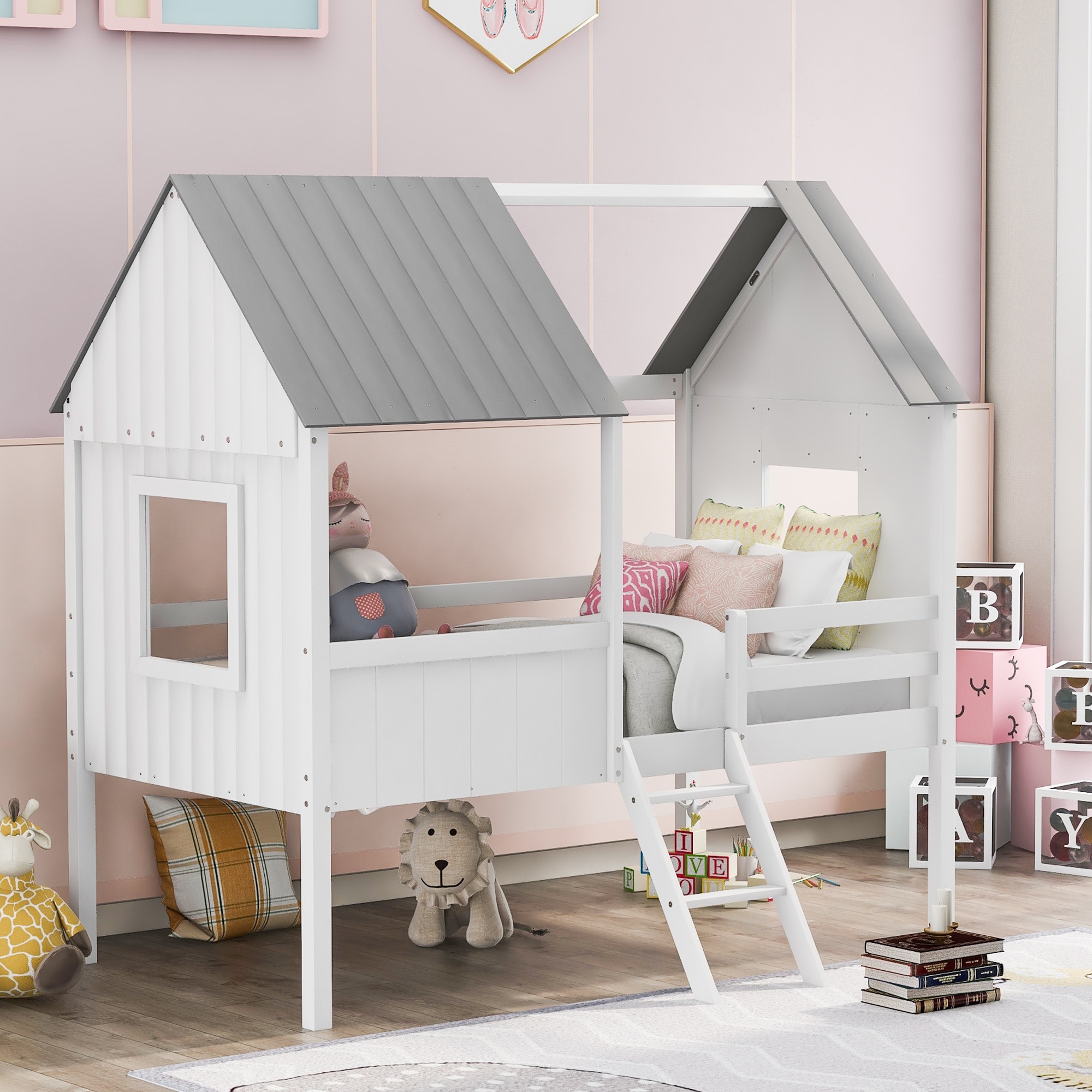 Wooden Twin Size Low Loft Bed Playhouse Bed with 2 Side Windows & Roof ...