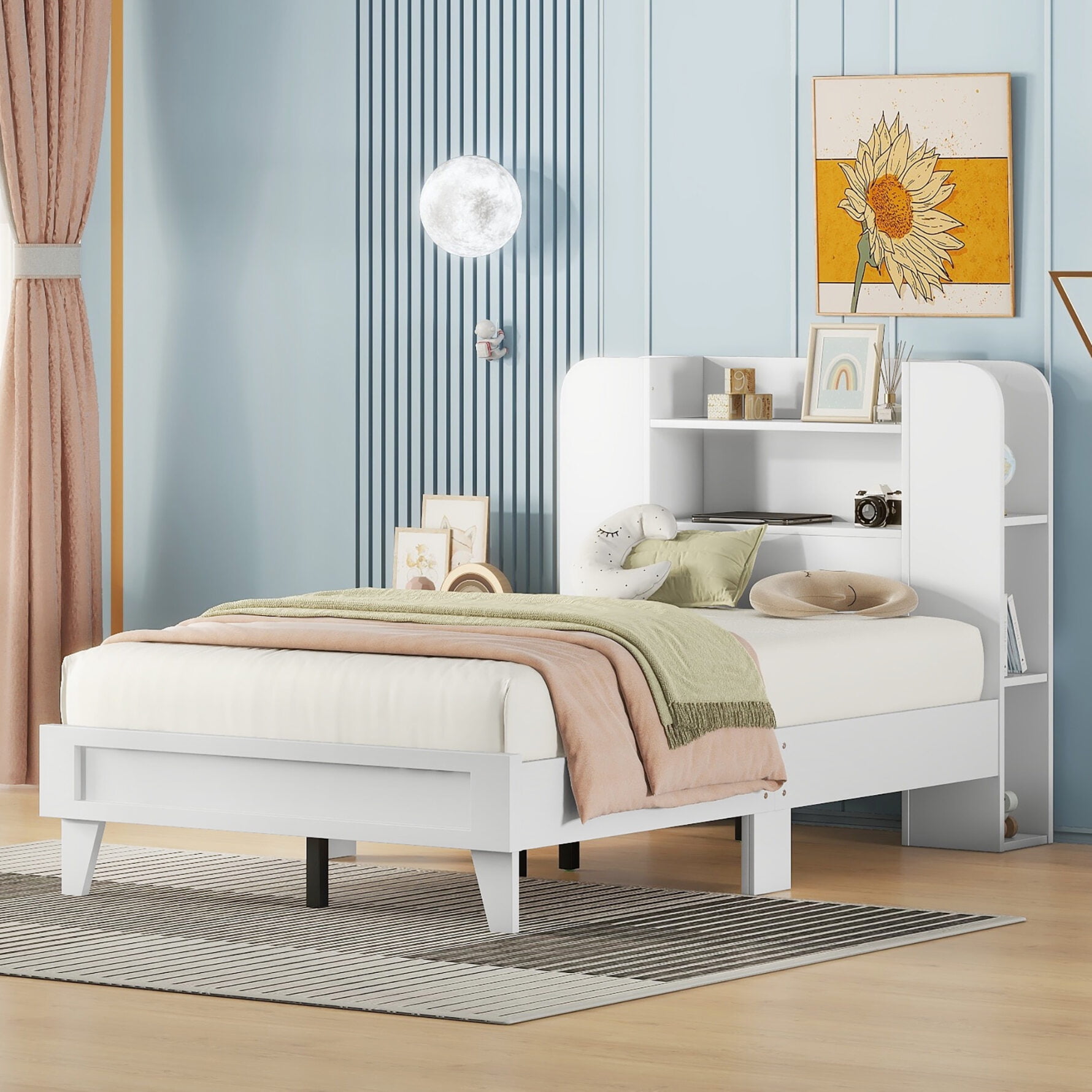 Wooden Twin Size Platform Bed Frame with Storage Headboard, Modern Twin ...