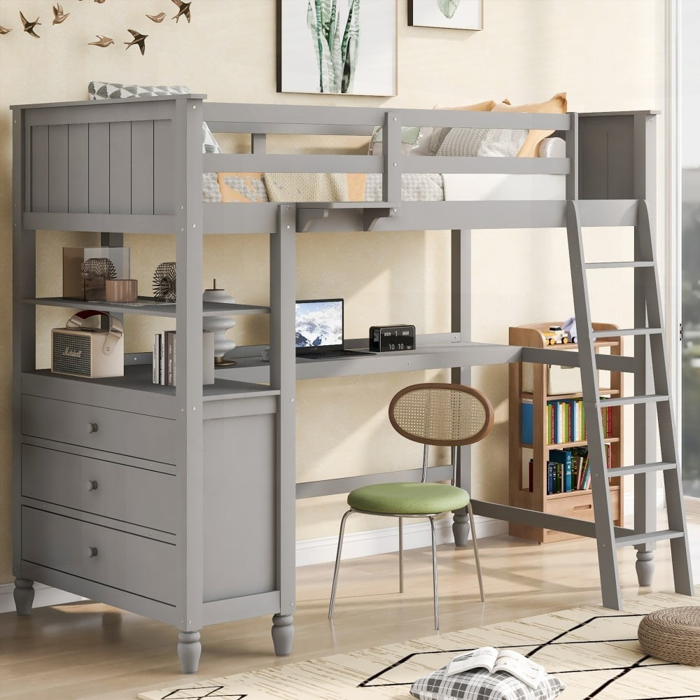Twin Size Wooden High-Rise Bed with Drawers and Desk - Gray (No Box ...