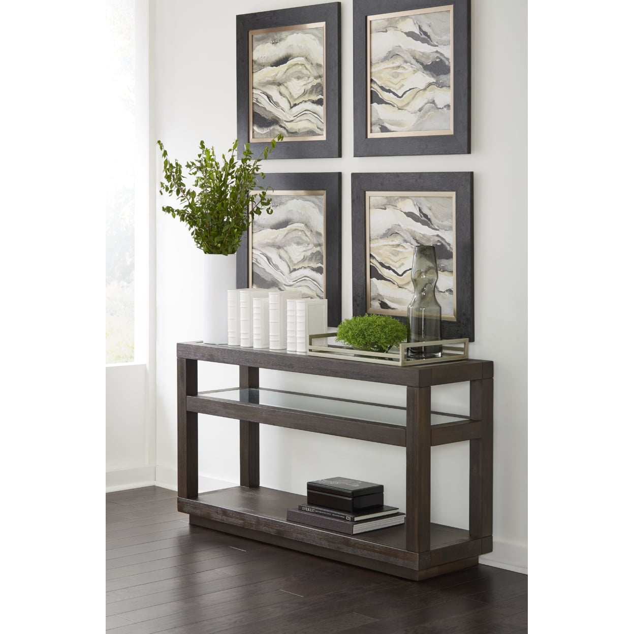 Wooden Two Tier Console Table with Glass Inlay Table Top and Beneath ...