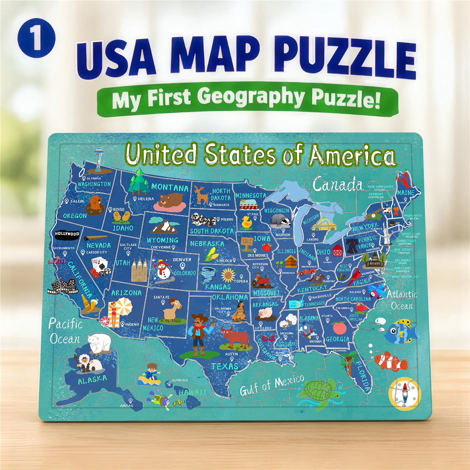 GoGoPlay Wooden U.S. Map Puzzle, 60 Pieces, Educational Geography ...