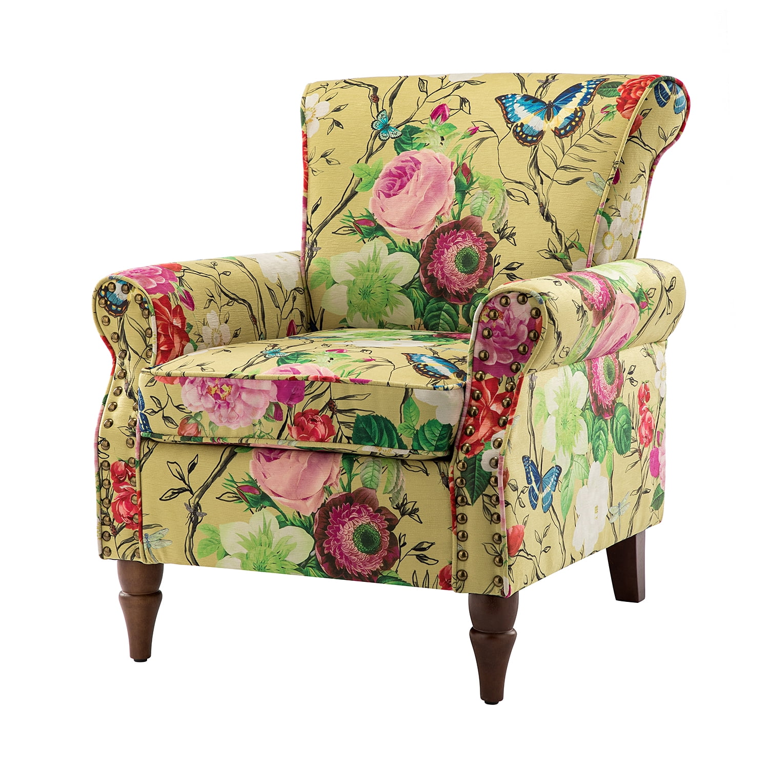 Wooden Upholstered Wingback Armchair, Floral Print Accent Chair with ...
