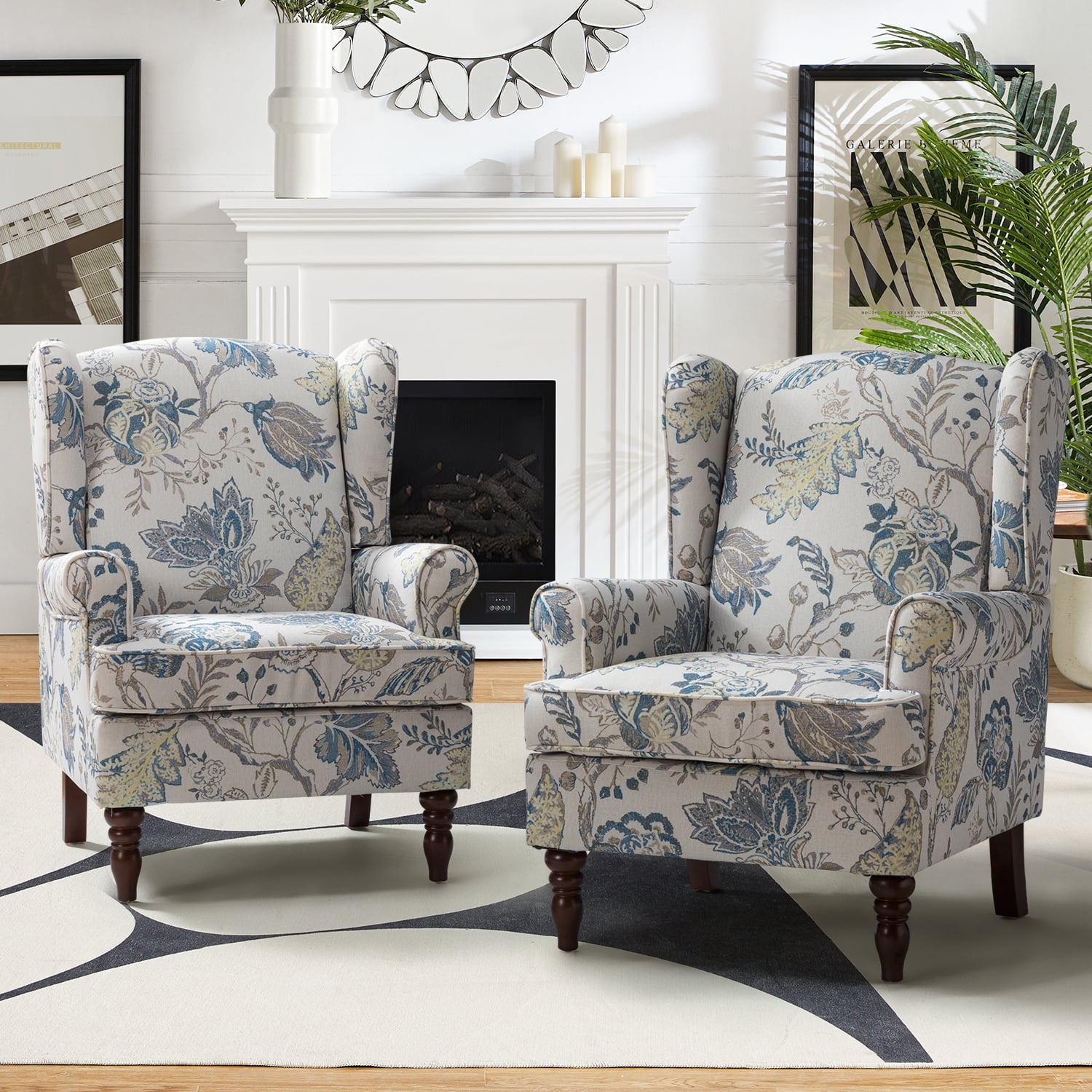 14 Karat Home Beautiful Wooden Upholstered Armchair Set, Wingback High ...