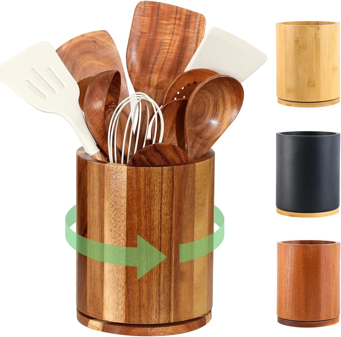 Wooden Utensil Holder, 360°Rotating 7.3'' Large Utensil Holder for ...