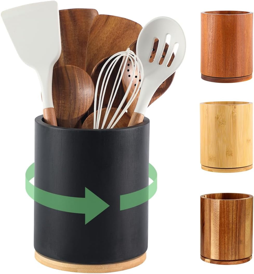 Wooden Utensil Holder, 360°Rotating 7.3'' Large Utensil Holder for ...