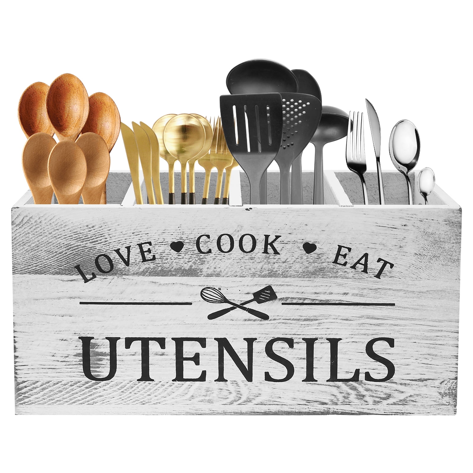 Wooden Utensil Holder Sturdy Kitchen Cooking Utensil Organizer with 4 ...