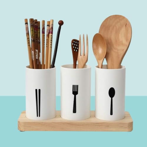 Wooden Utensil Set with Holder 3 Ceramic Containers 18 Pieces - Walmart.com