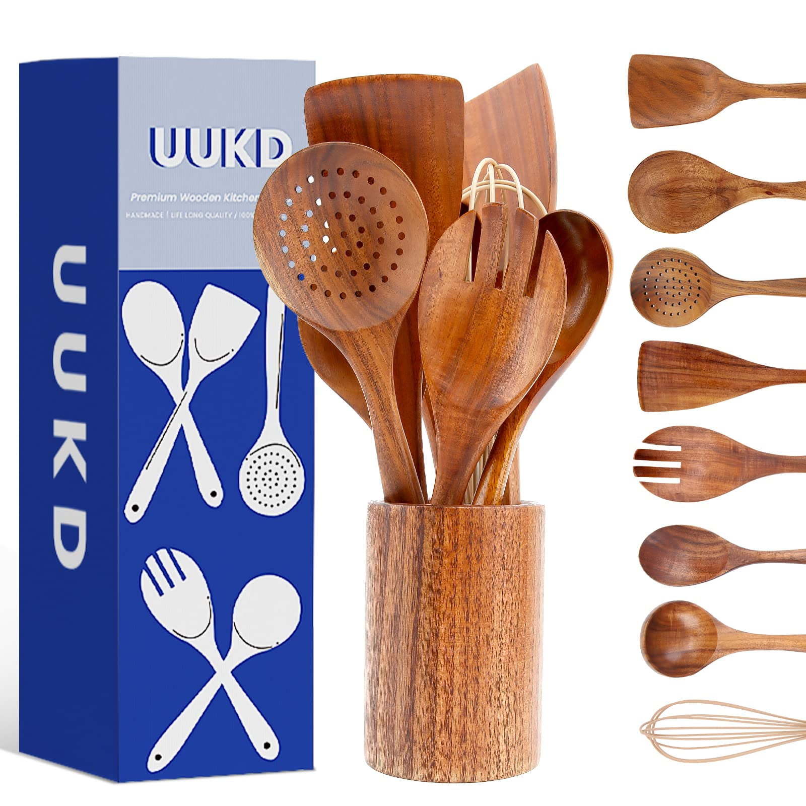Wooden Utensils for Cooking, 9 Pcs Wood Kitchen Utensil Set, Wooden ...
