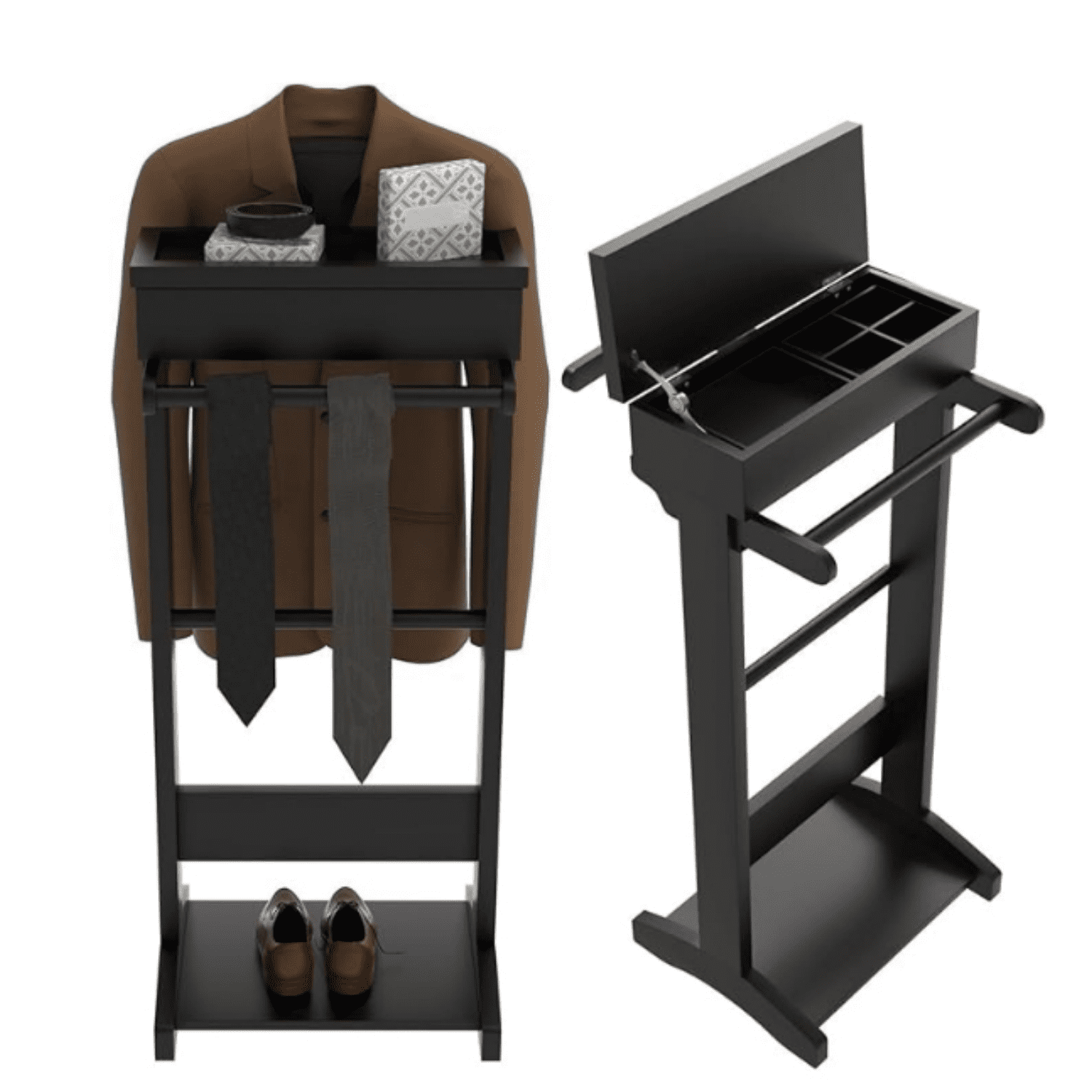 Wooden Valet Stand Clothes with Shoe Shelf, Coat Hanger and Hat Rack ...