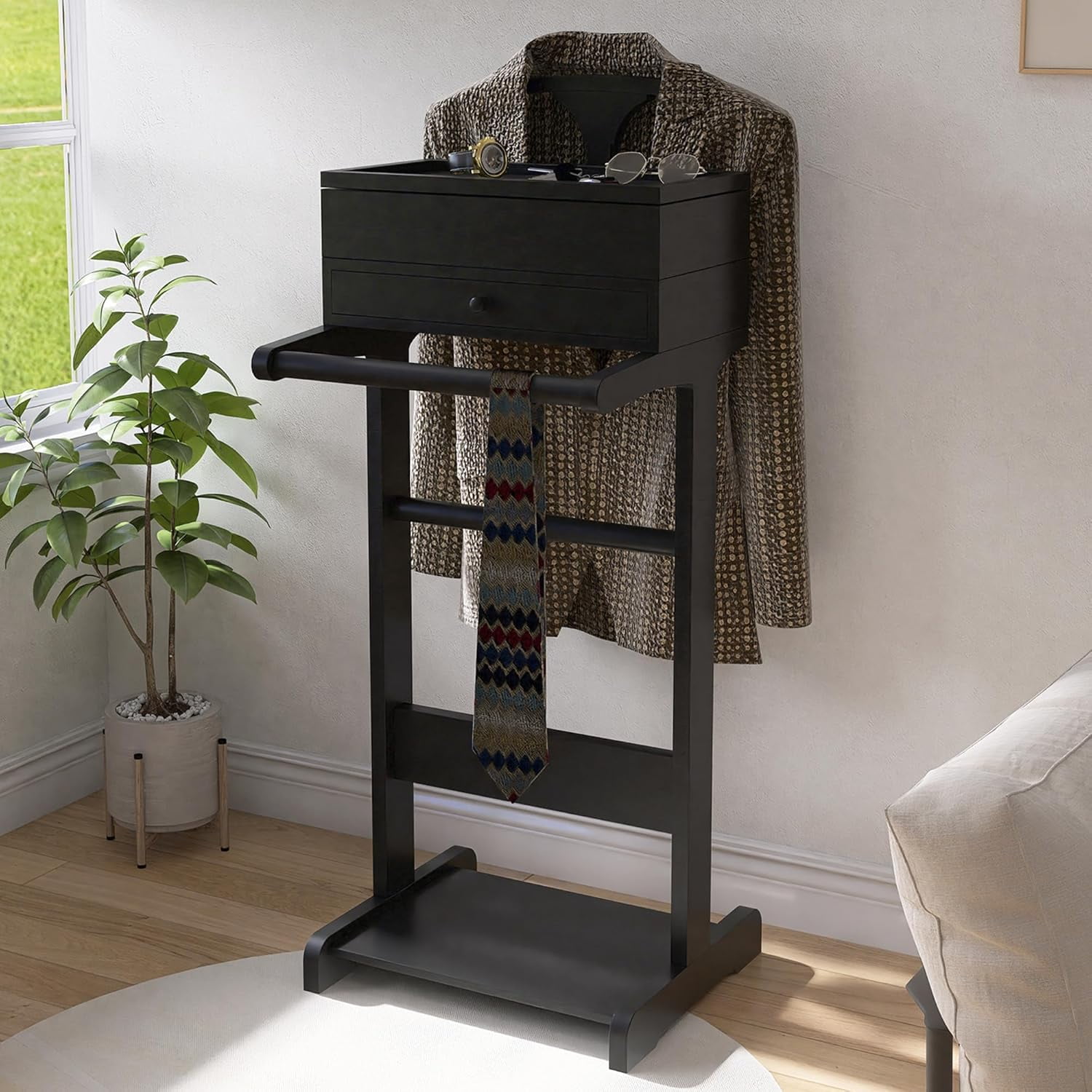 Wooden Valet Stand for Men, Clothing Rack with Drawer, Coat Hanger ...