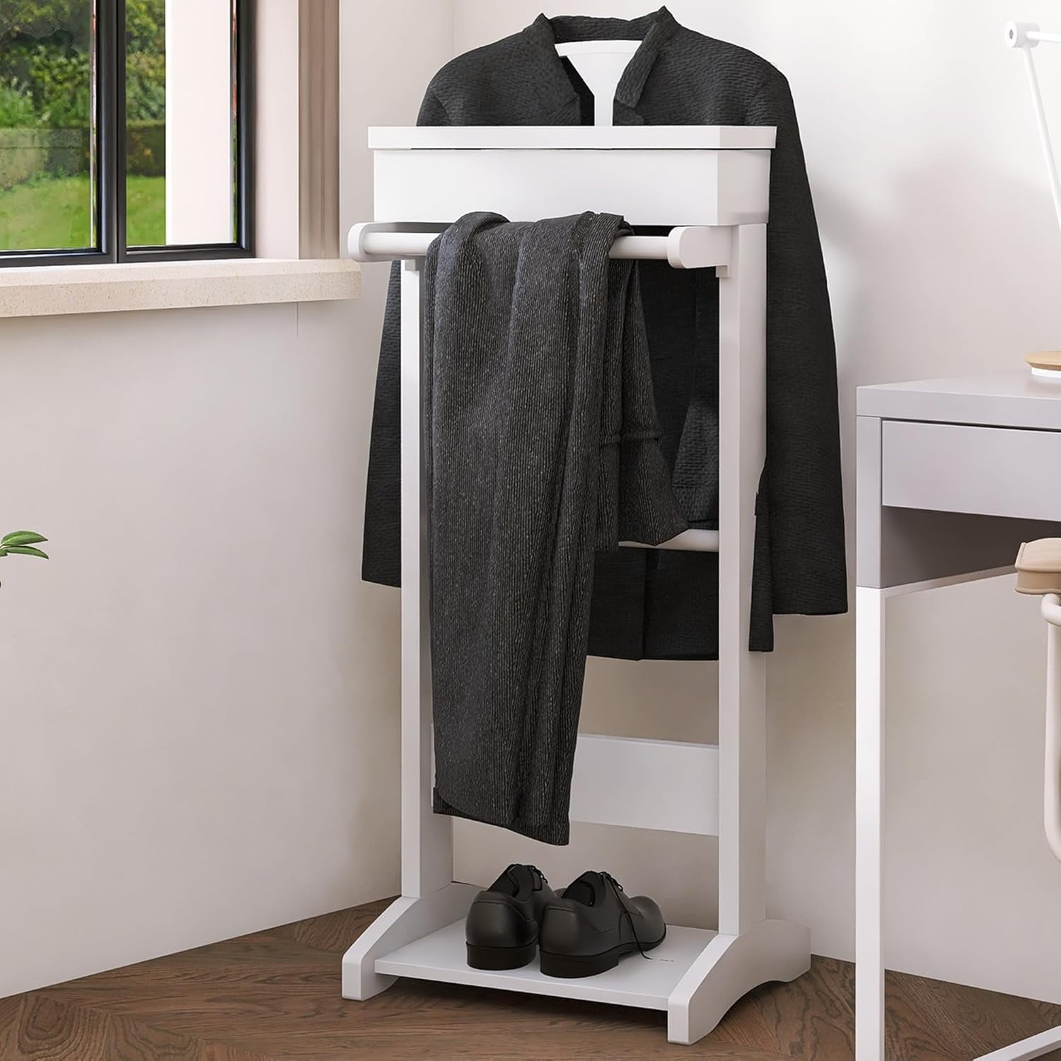 Wooden Valet Stand for Men, Clothing Rack with Top Tray Organizer, Shoe ...