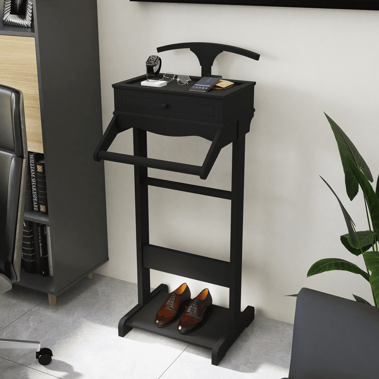 Wooden Valet Stand with Storage Shelves Garment Rack for Men and Women ...