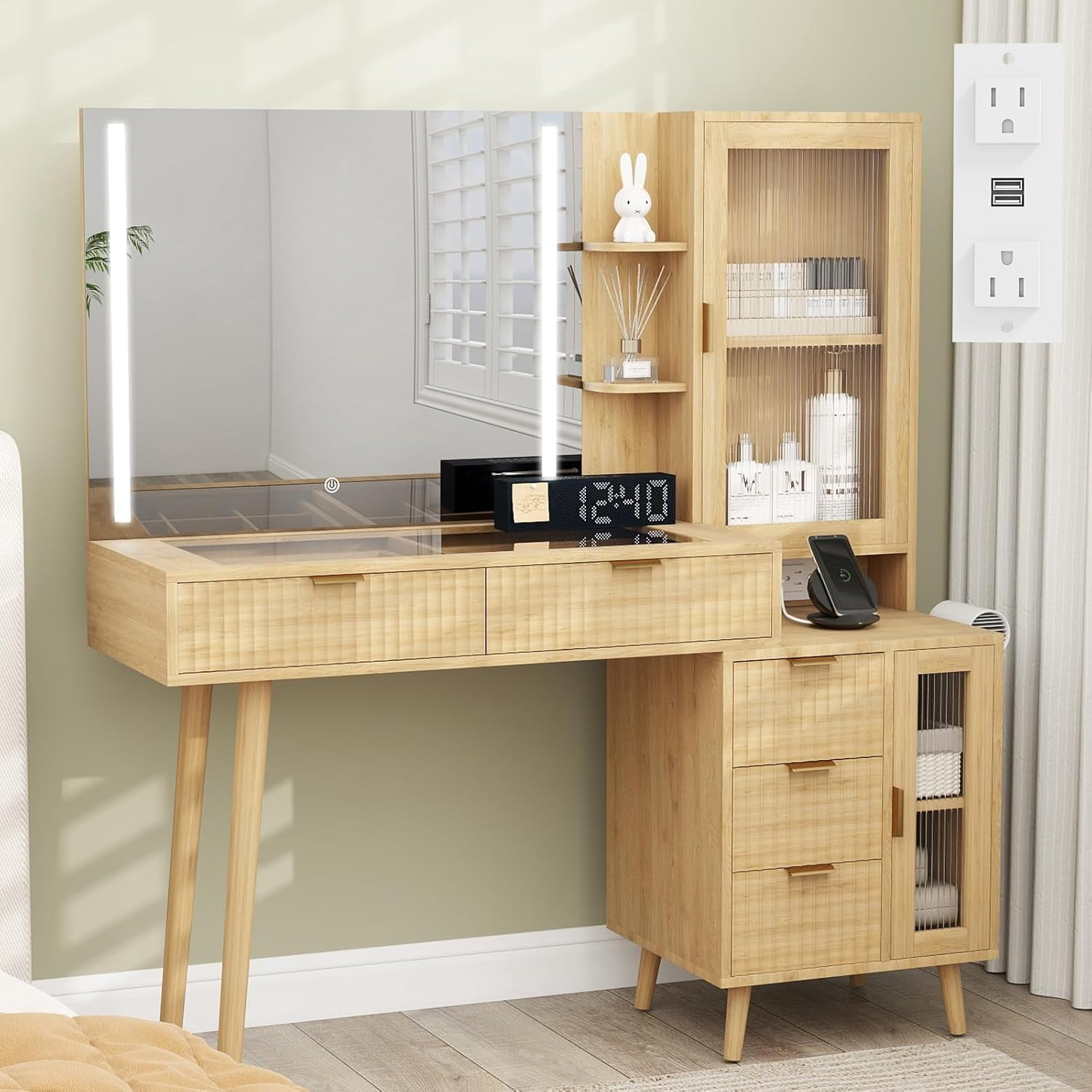 Wooden Vanity Desk with Mirror and Lights, 49" Boho Fluted Makeup ...