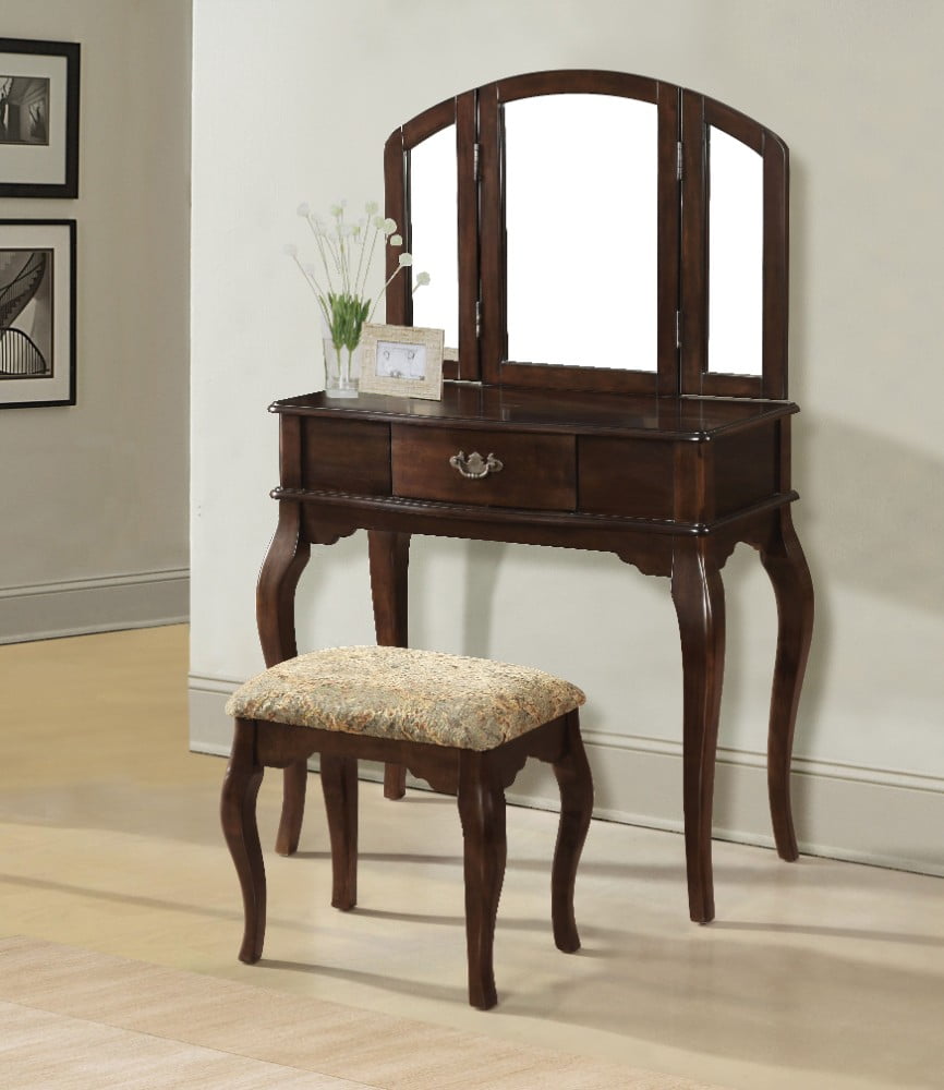 Wooden Vanity Desk with 1 Drawer & Stool, Cherry Brown - Walmart.com