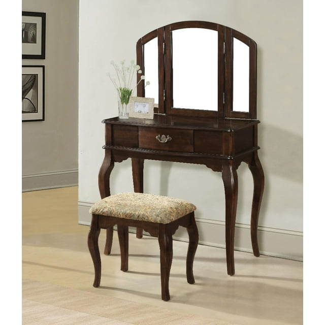 Wooden Vanity Desk with 1 Drawer & Stool, Cherry Brown - Walmart.com