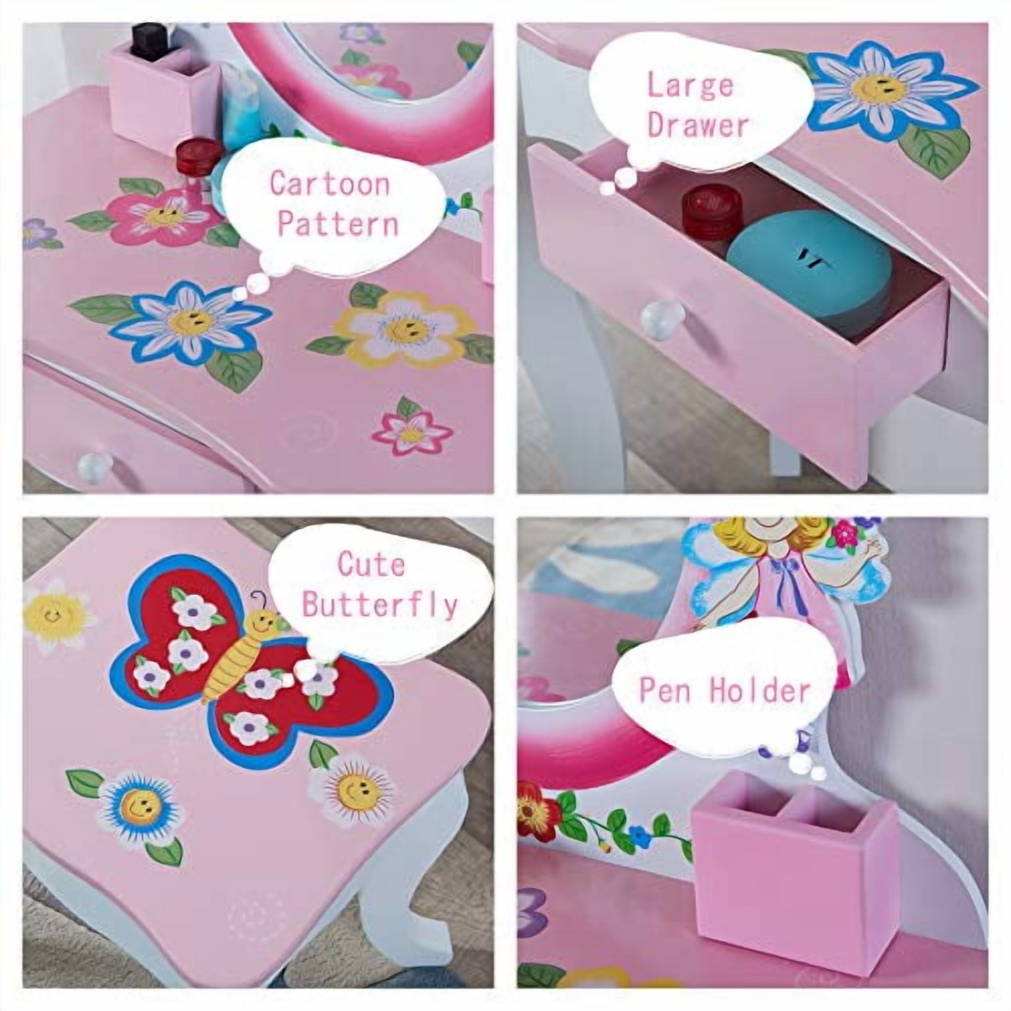 Wooden Vanity Table and Chair Set Kids Vanity Set with Mirror Children ...