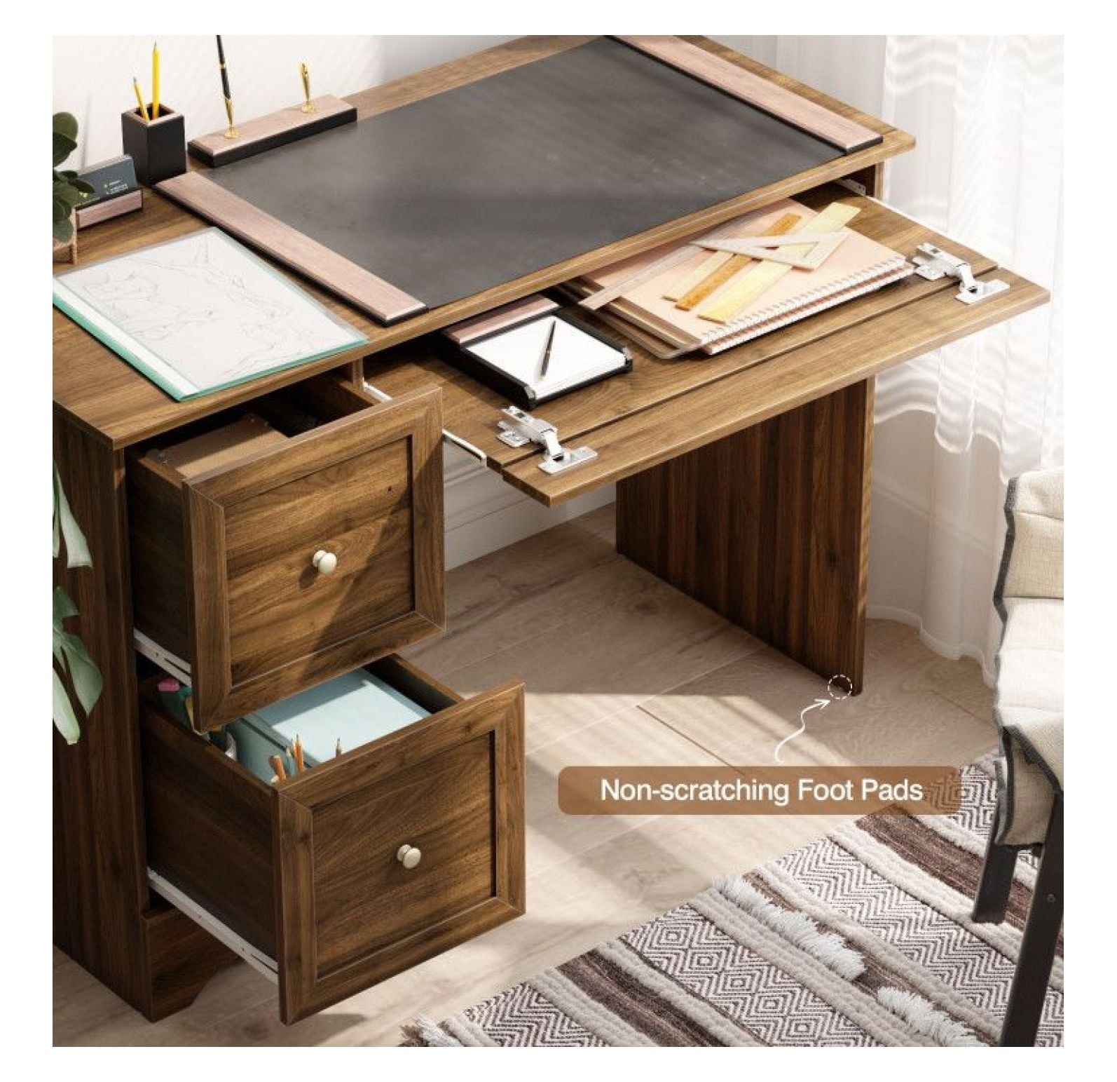 Wooden Vintage Computer Desk with 3 Drawers for Home and Office Brown ...