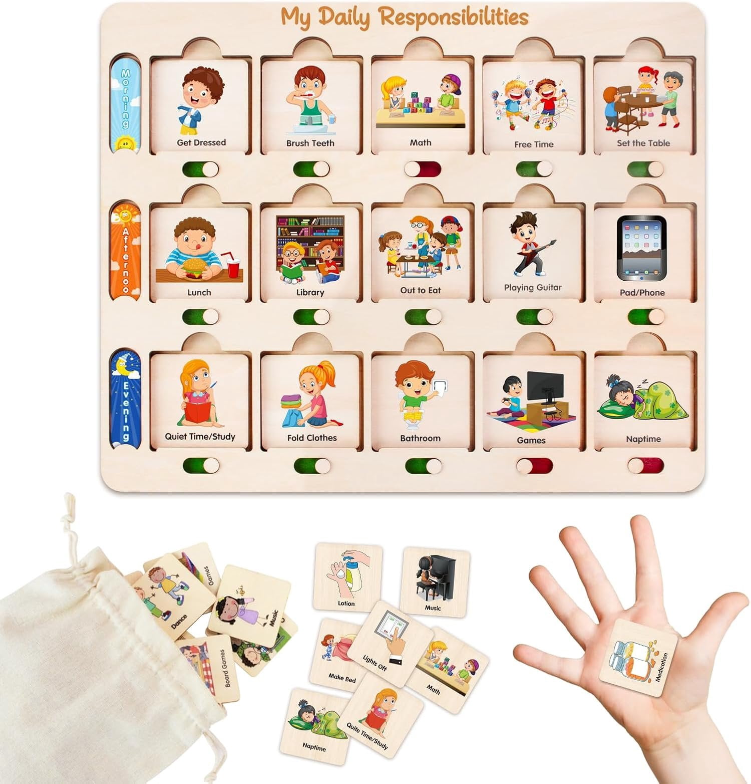 Wooden Visual Schedule for Chore Chart, Morning Bedtime Daily Routine ...