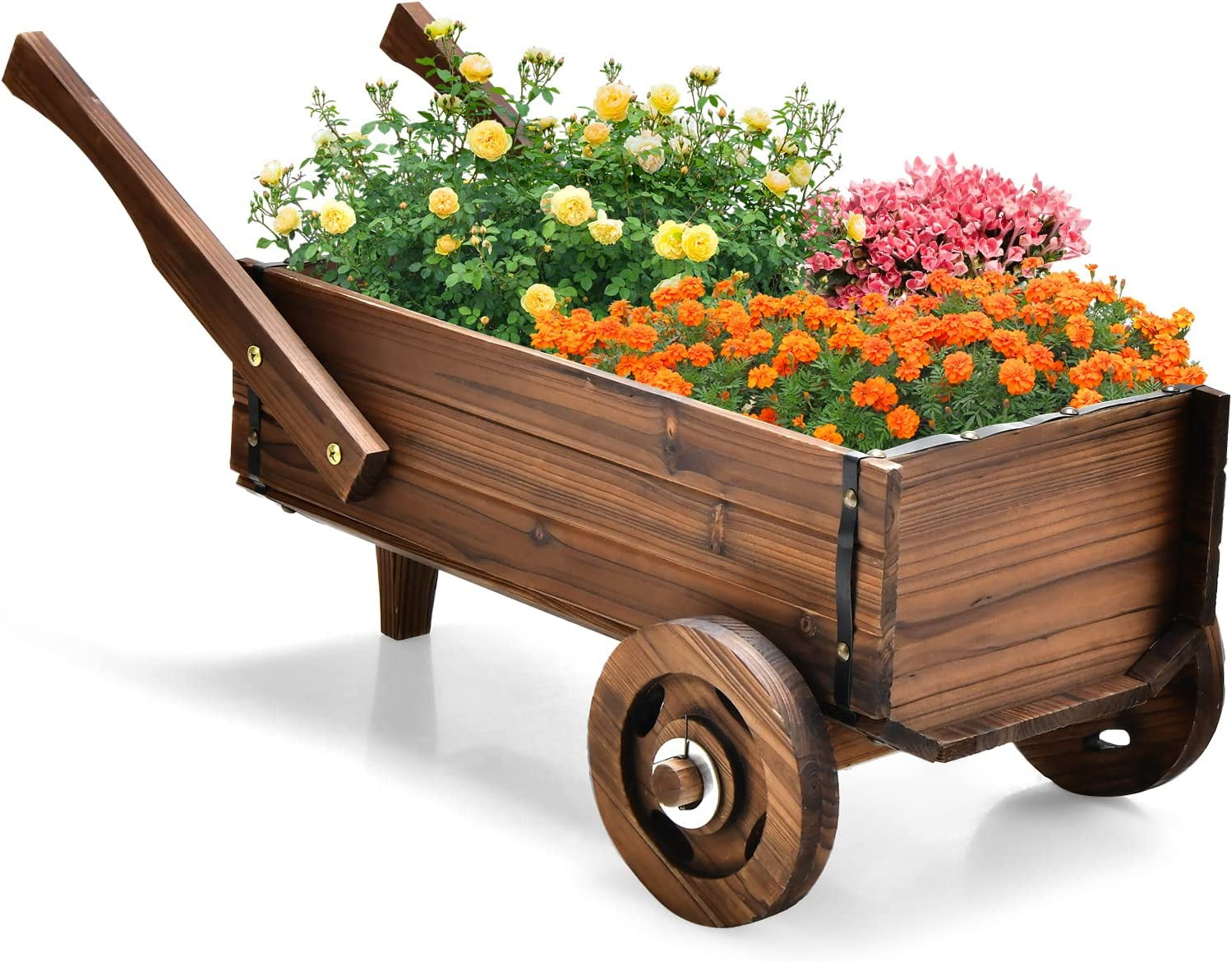 Wooden Wagon Planter Box, Decorative Wagon Cart with Wheels, Handles ...