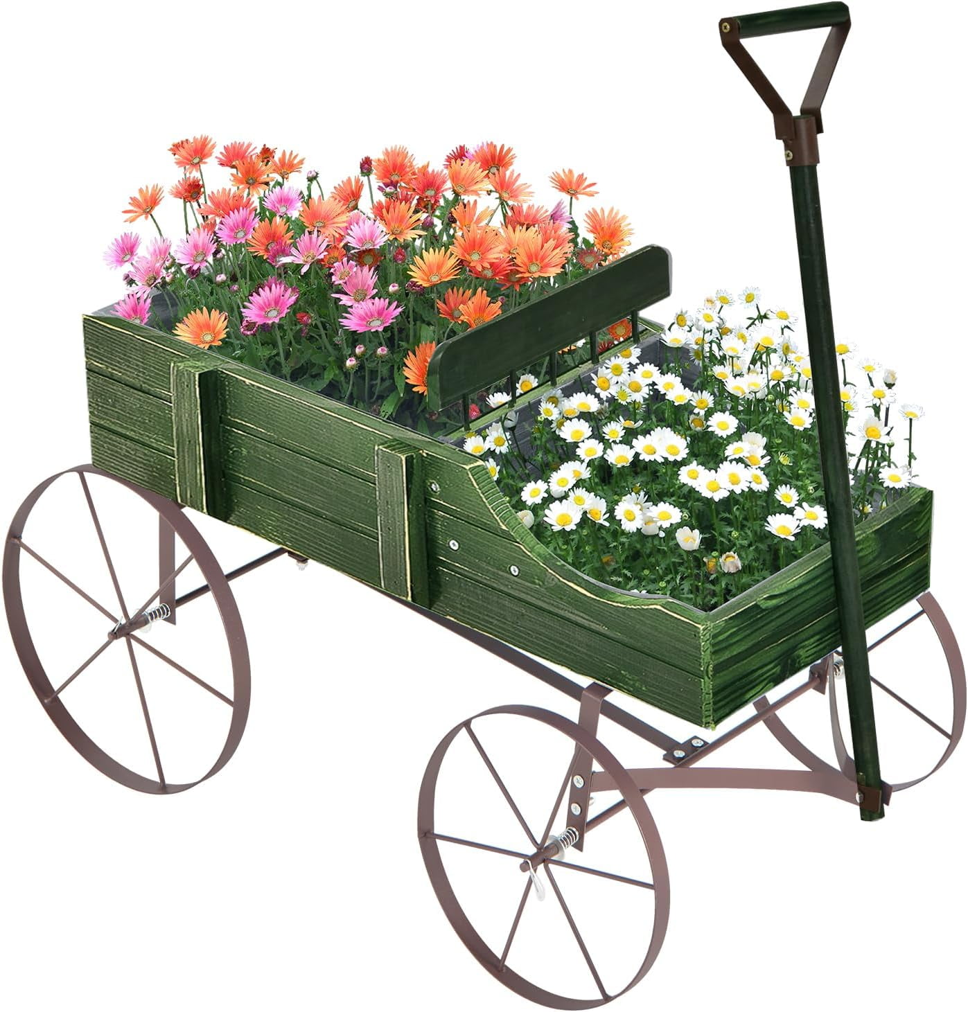 Wooden Wagon Planter, Decorative Garden Wheelbarrow Planter with 2 ...