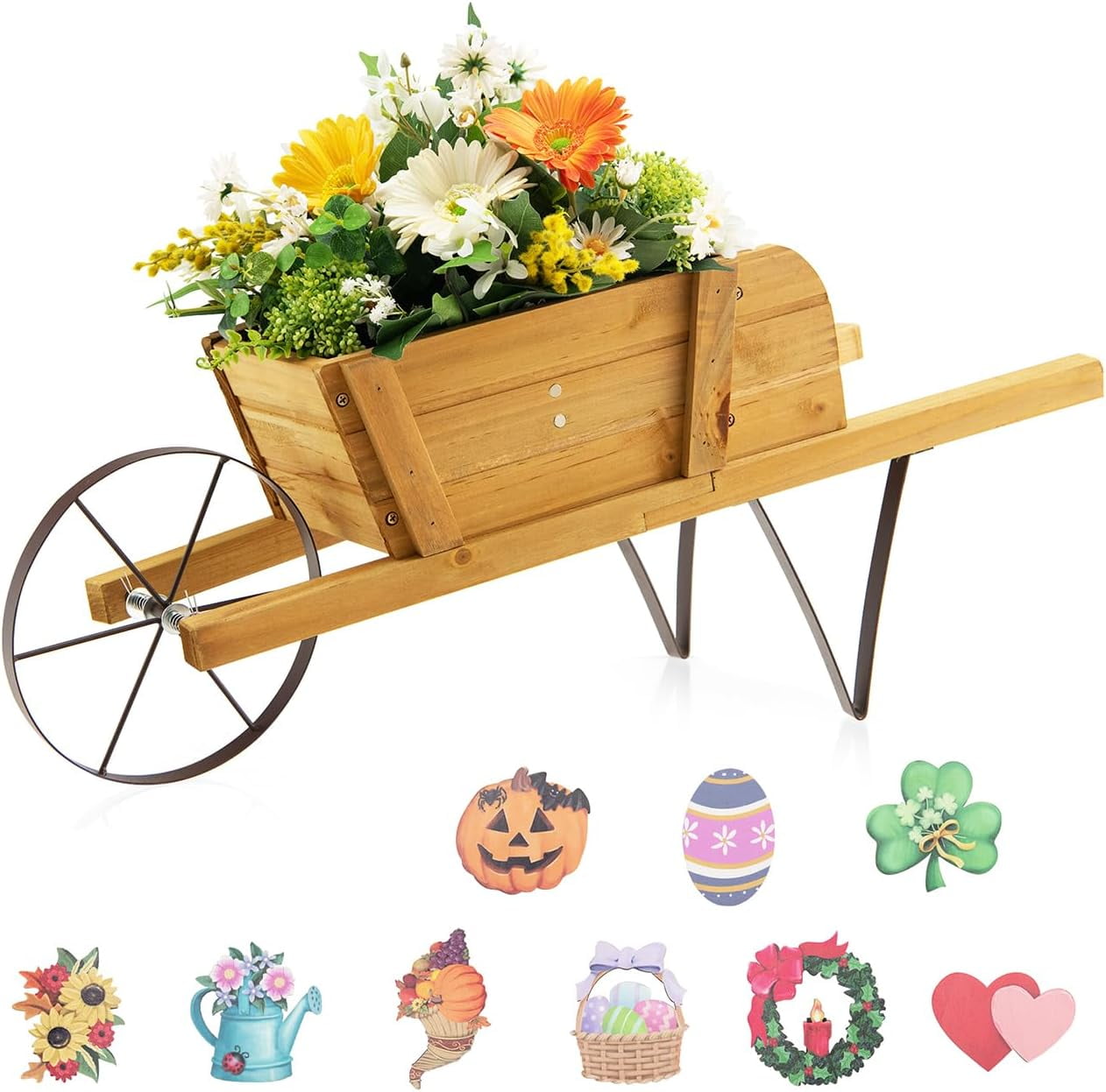 Wooden Wagon Planter, Decorative Wheelbarrow Cart Pot with Long Handles ...