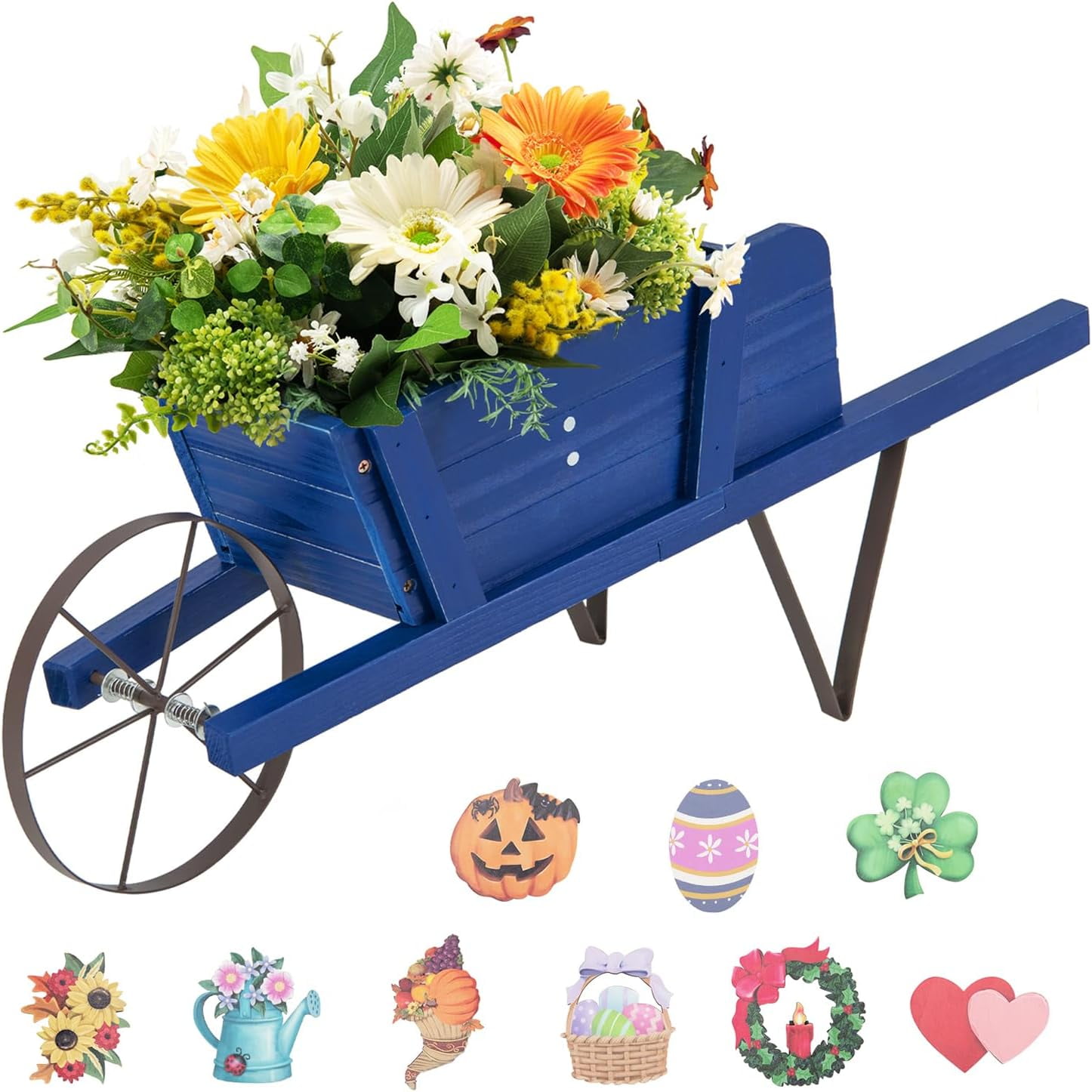 Wooden Wagon Planter, Flower Cart Display Stand w/Metal Wheels ...