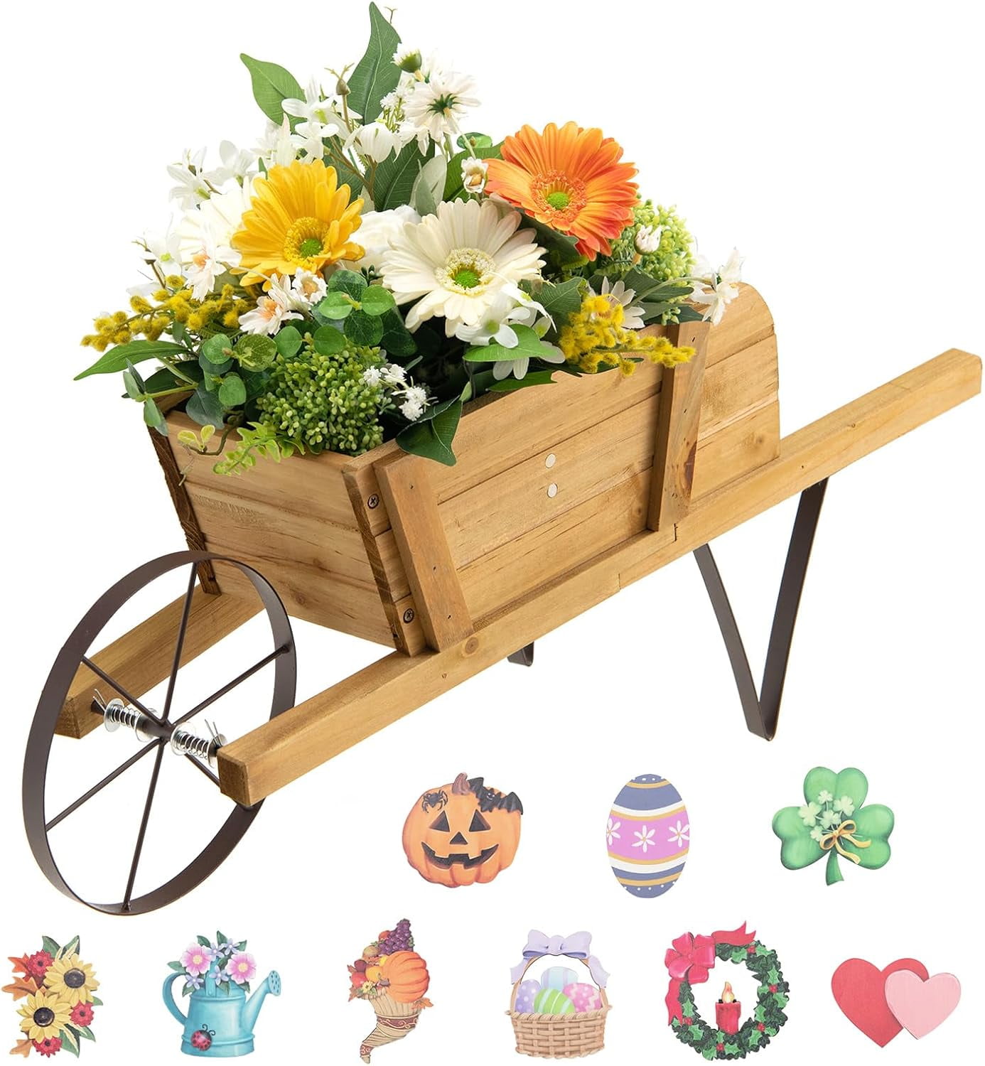 Wooden Wagon Planter, Flower Cart Display Stand w/Metal Wheels ...