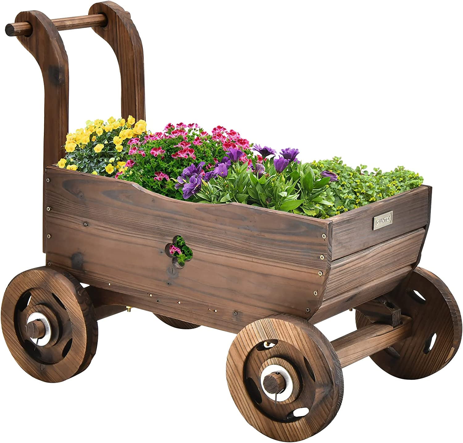 Wooden Wagon Planter Raised Bed on Wheels, Handle, Drainage Hole ...