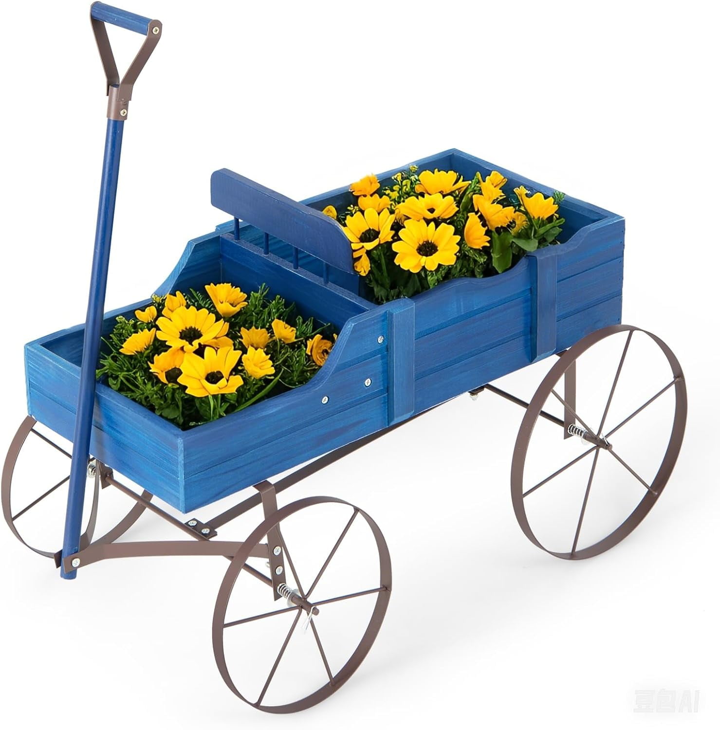 Wooden Wagon Planter with Wheels, Indoor/Outdoor Flower Cart w/Dual ...