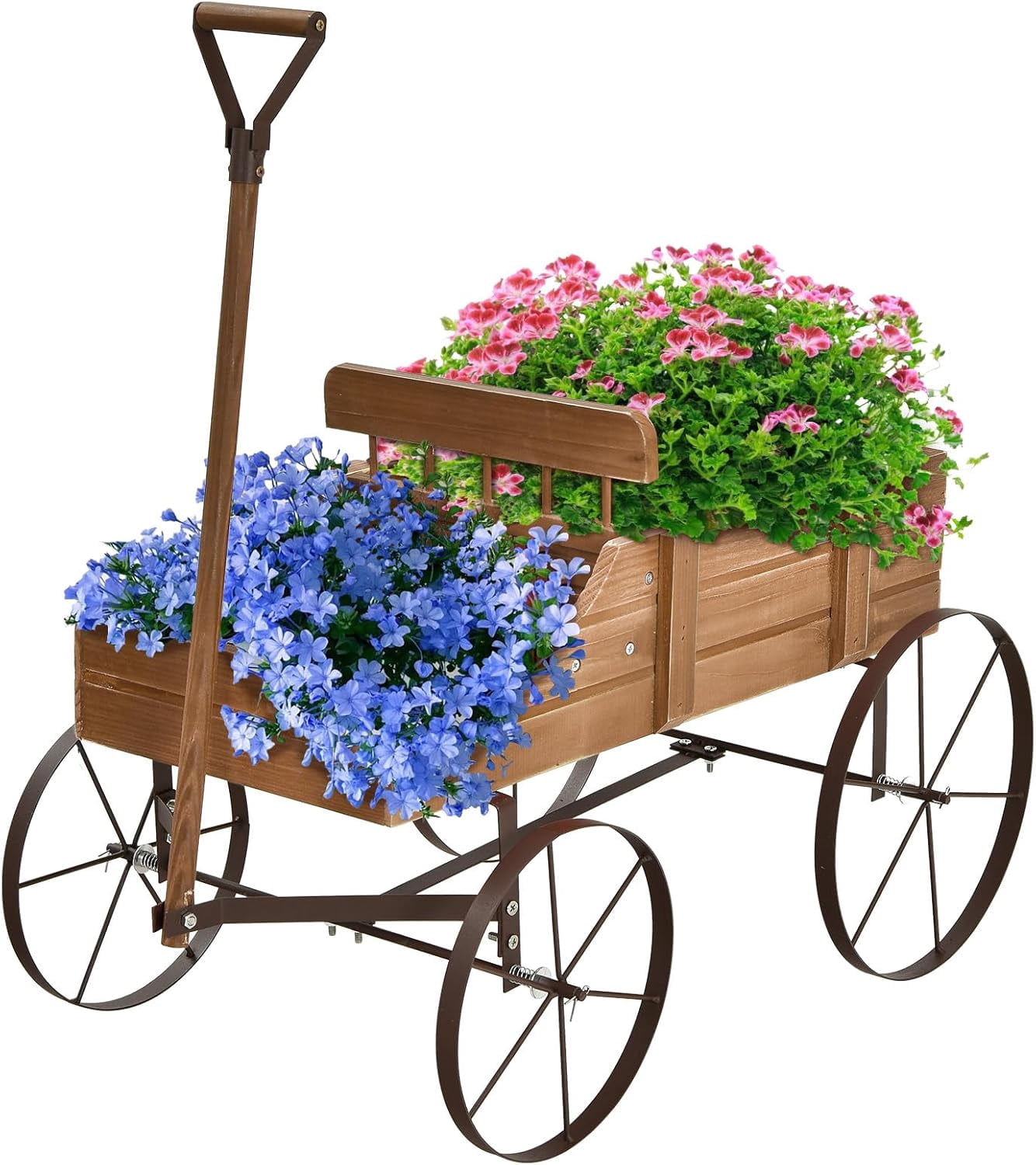 Wooden Wagon Planter with Wheels, Indoor/Outdoor Flower Cart w/Dual ...