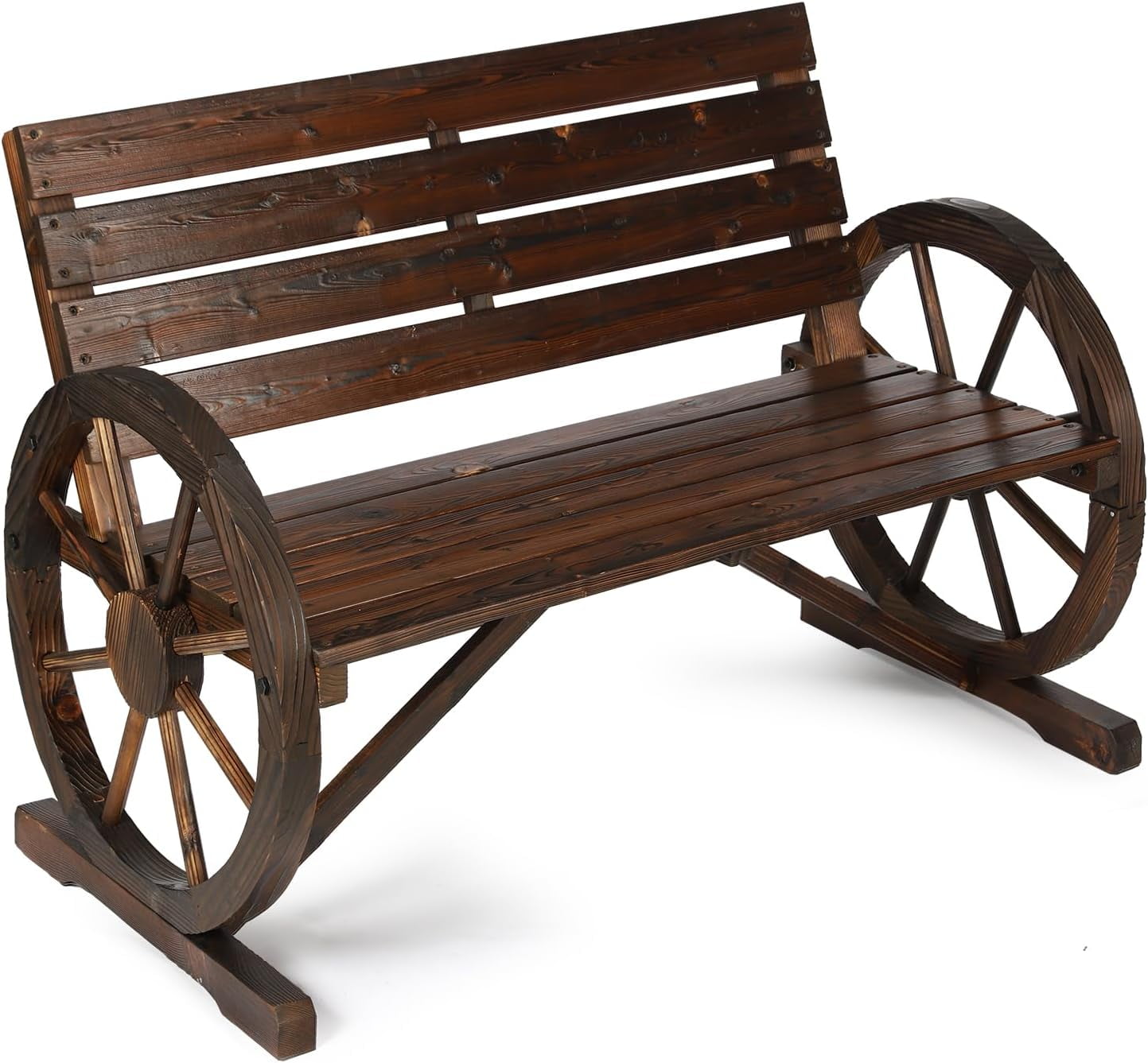 Wooden Wagon Wheel Bench, 2-Person Solid Wood Garden Bench, Rustic ...