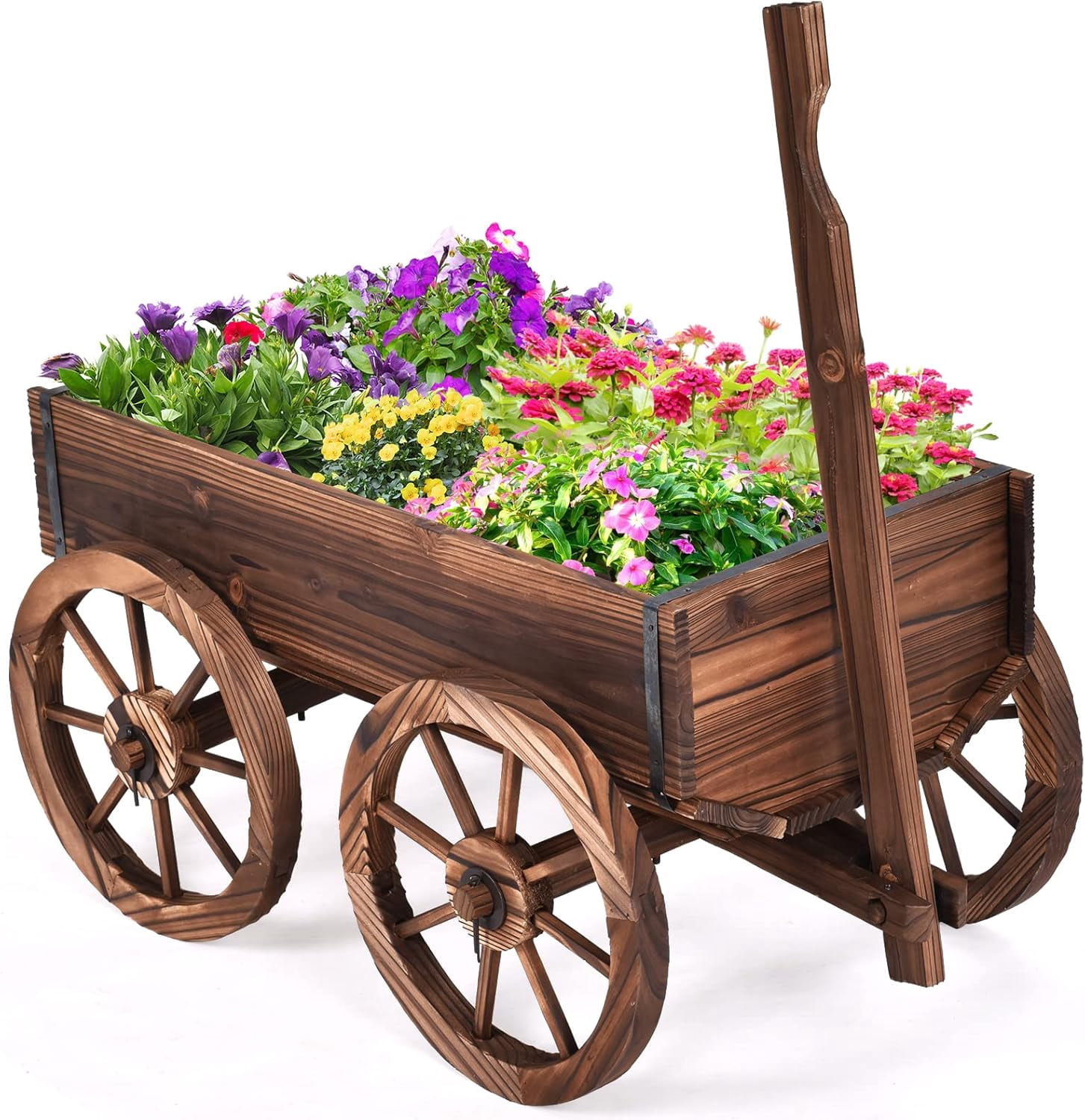 Wooden Wagon, Wood Flower Planter Pot Stand with 4 Wheels & Drainage ...