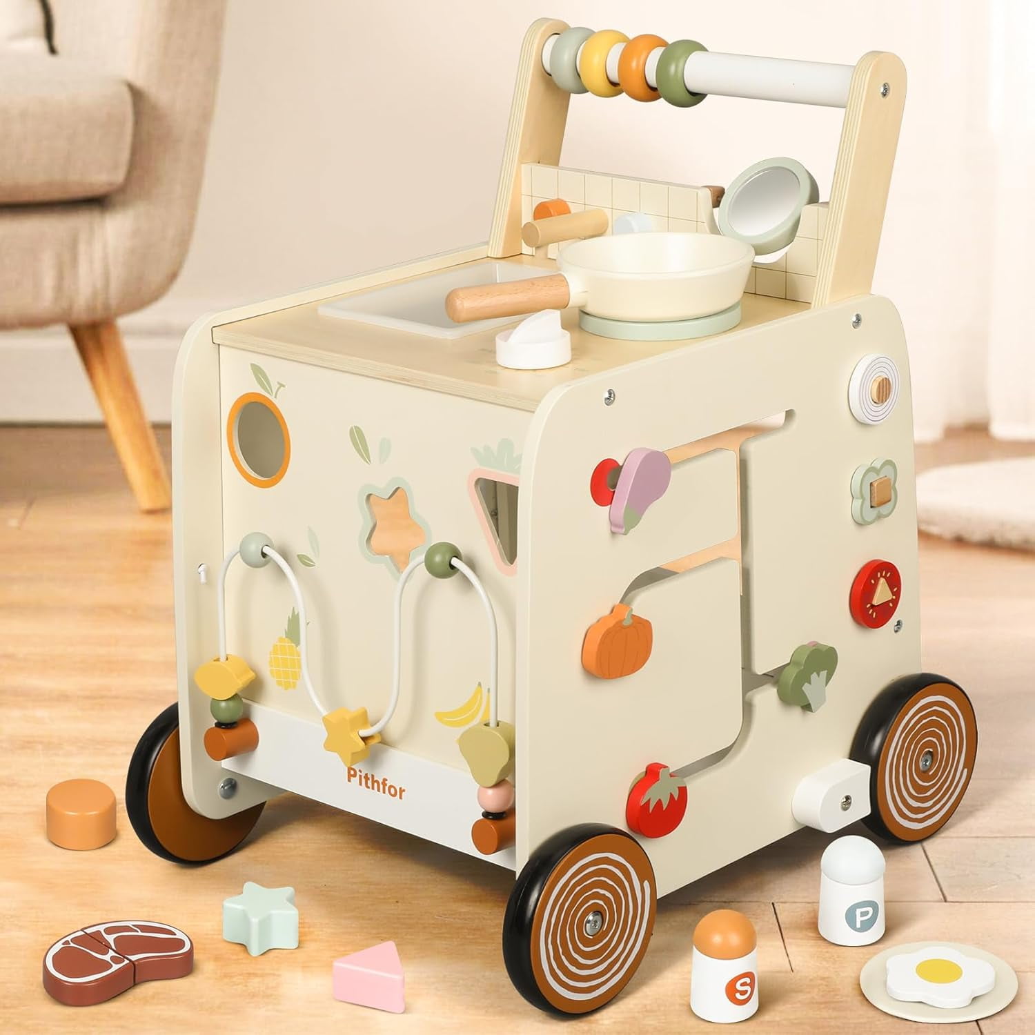 Wooden Walker 3-in-1 Push Walker with Pretend Kitchen Montessori ...